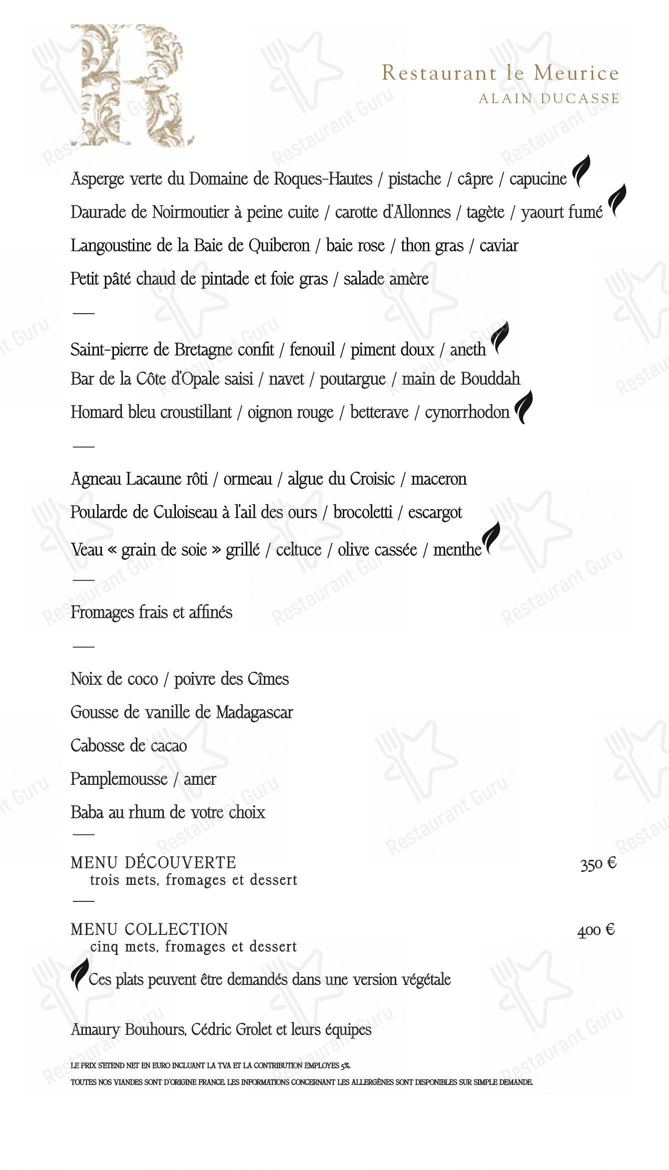 Menu at Restaurant le Meurice Alain Ducasse, Paris, 228 Rue de Rivoli