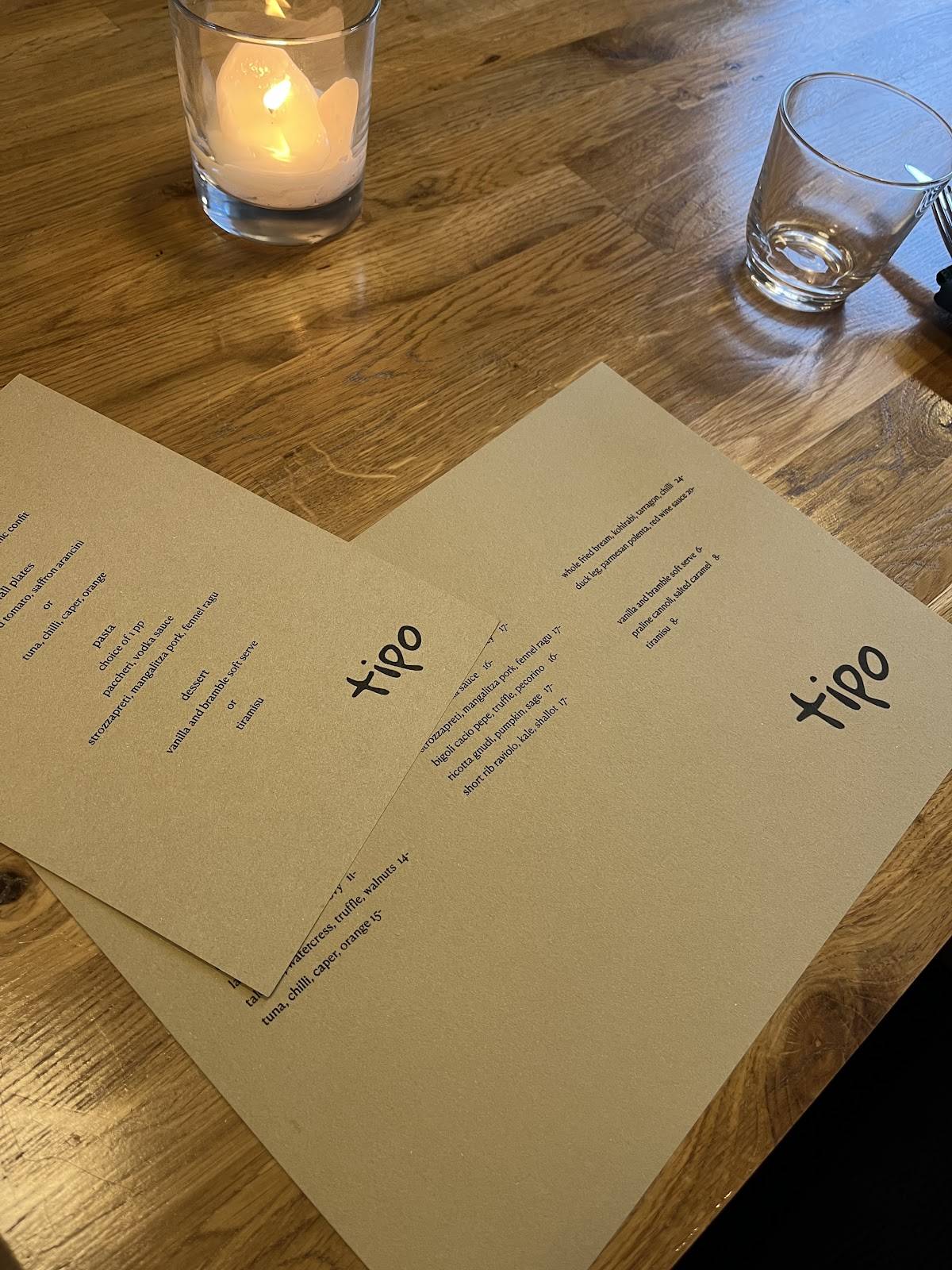 Menu at tipo restaurant, Edinburgh, 110 Hanover St