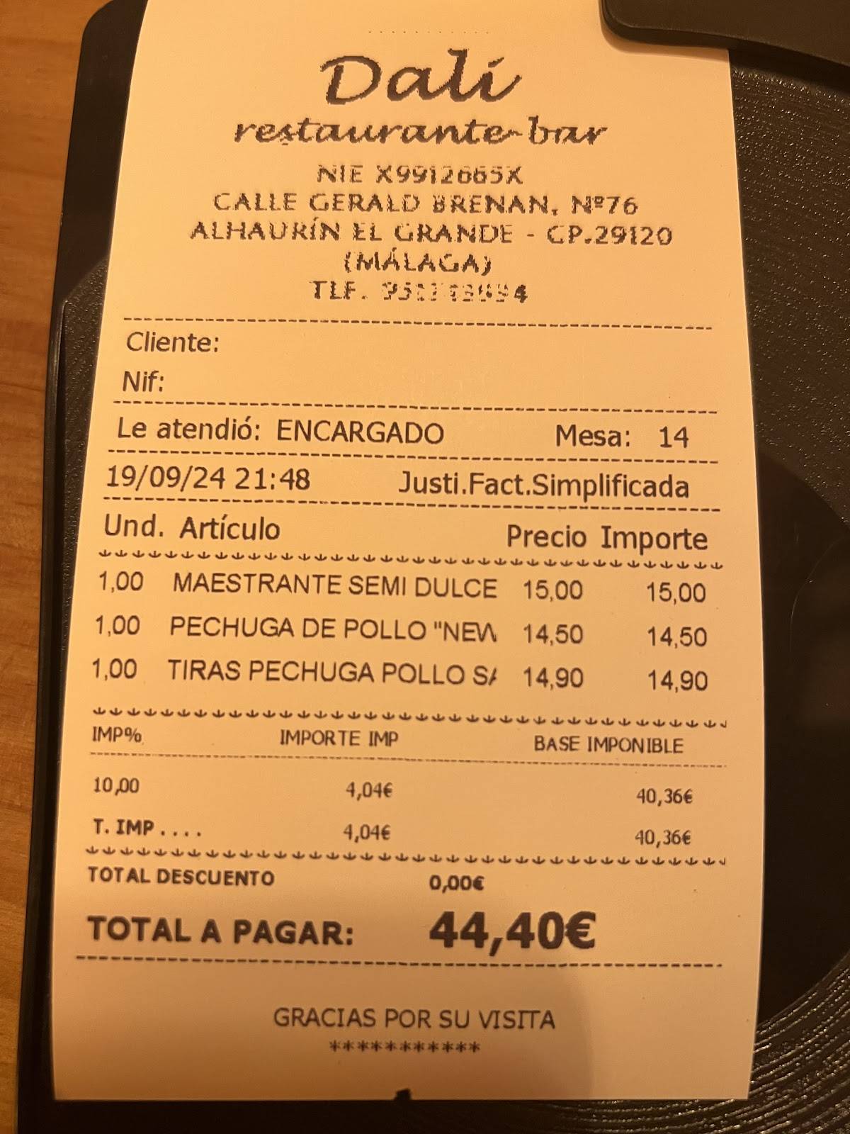 Carta de Dalí Restaurante, Alhaurín el Grande