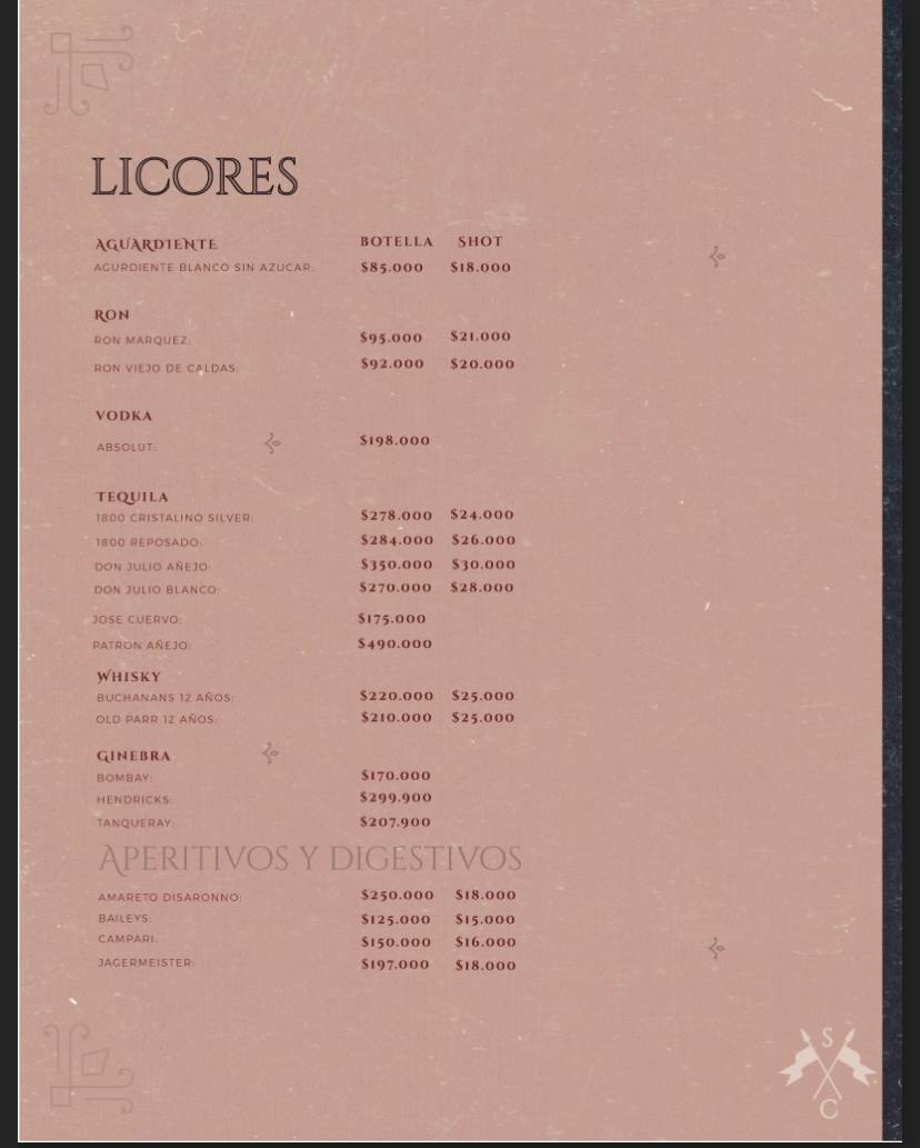 Carta de Restaurante Bar San Carlo, Cali