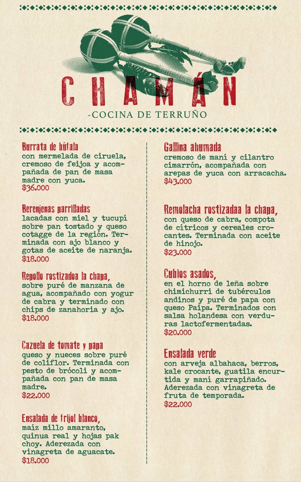 Carta de Restaurante Chamán., Tabio