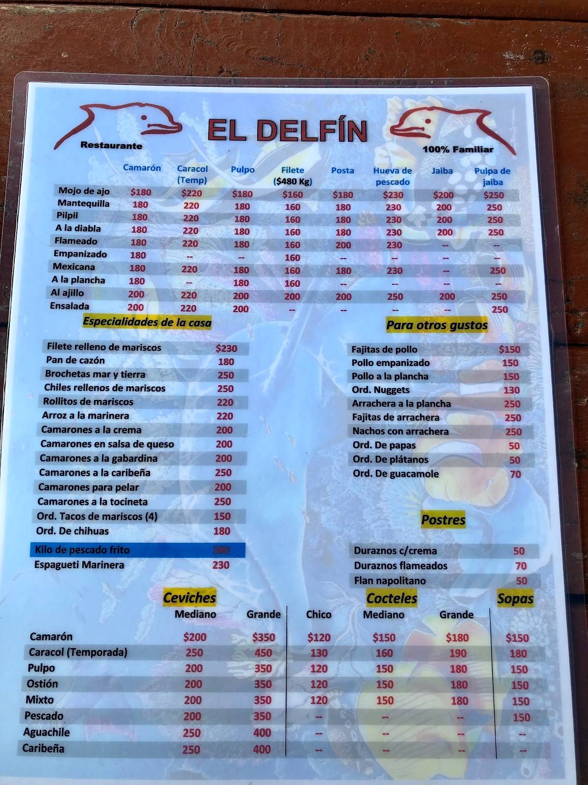 Carta de Restaurante El Delfín, Calderitas