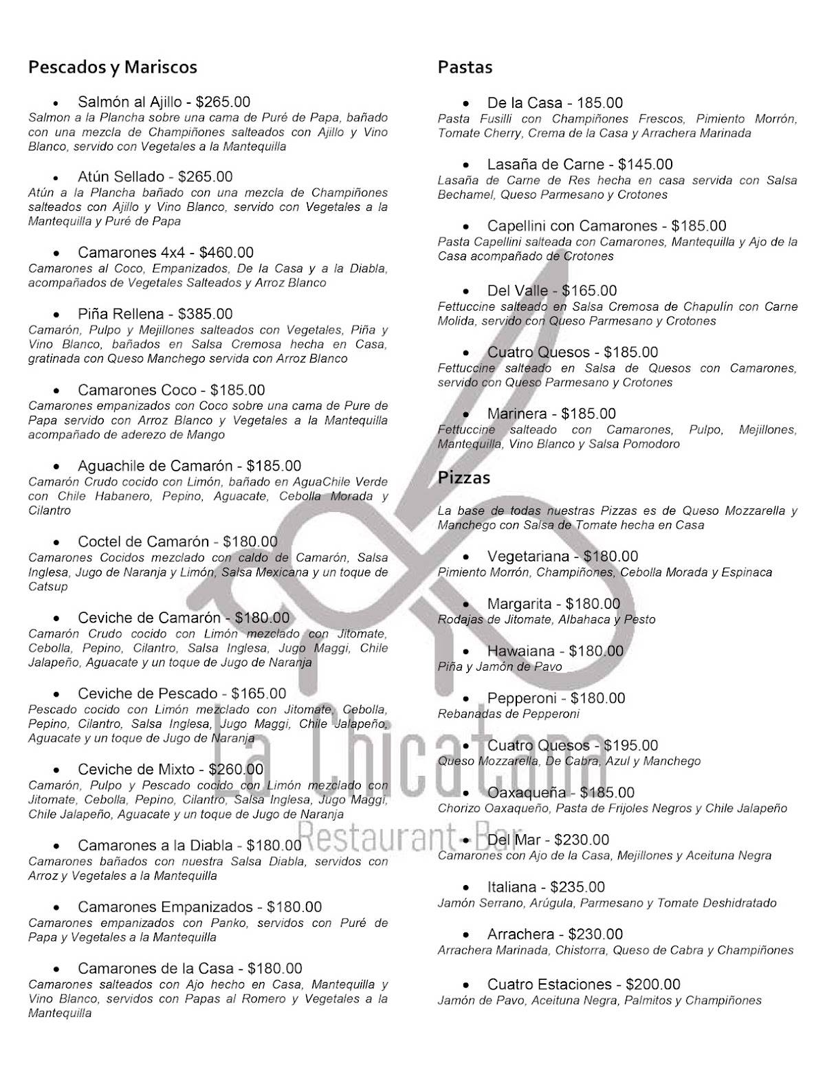 Carta de Restaurante La Chicatana, Crucecita