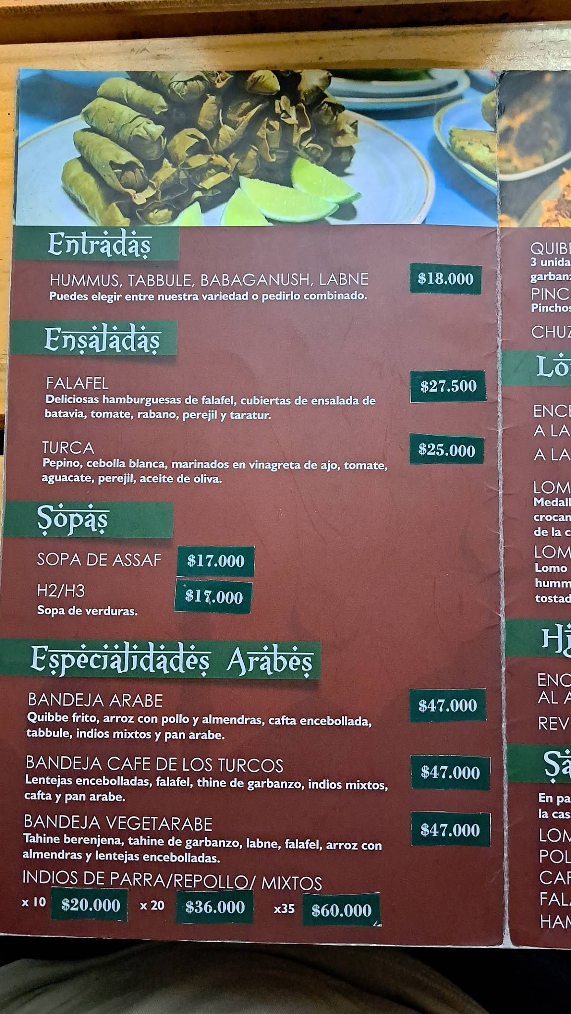 Carta de Restaurante Los Turcos, Cali, Avenida 3N #7N-26
