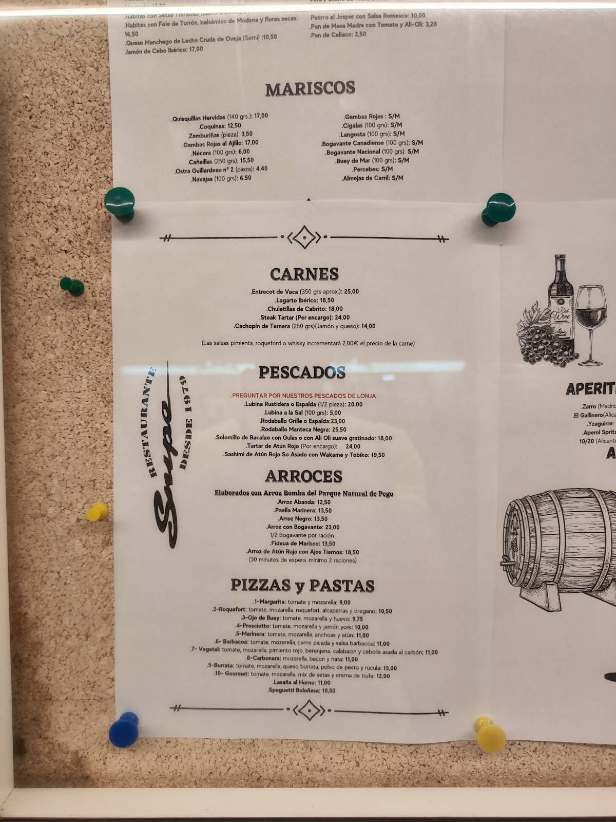 Carta de Restaurante Snipe, Los Arenales del Sol