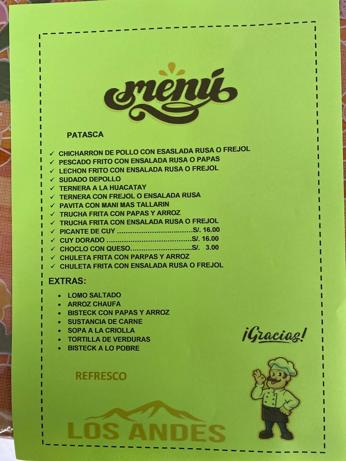 Carta de Restaurante Los Andes, Peru, Ctra. Central 2011