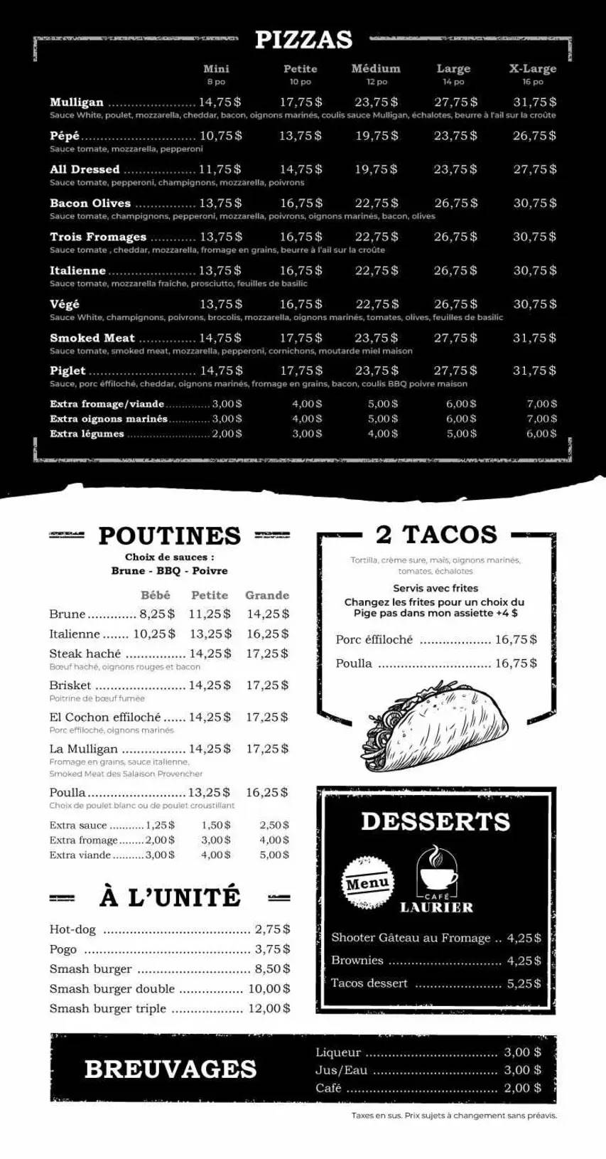 Menu au Resto Pub Le Mulligan Smokehouse, East Angus
