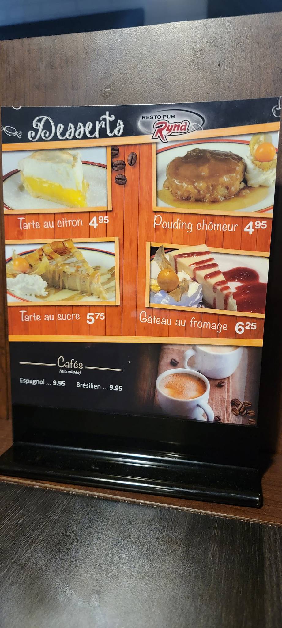 Menu au Resto-Pub Ryna, Levis, Bd Guillaume-Couture