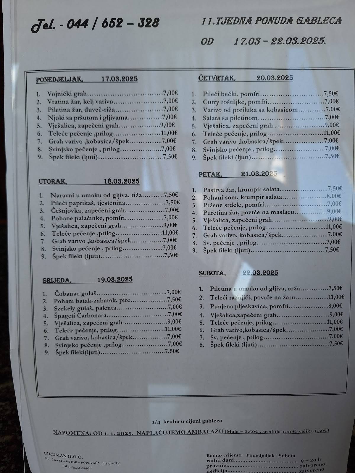 Menu at Restoran Fontana restaurant, Popovača