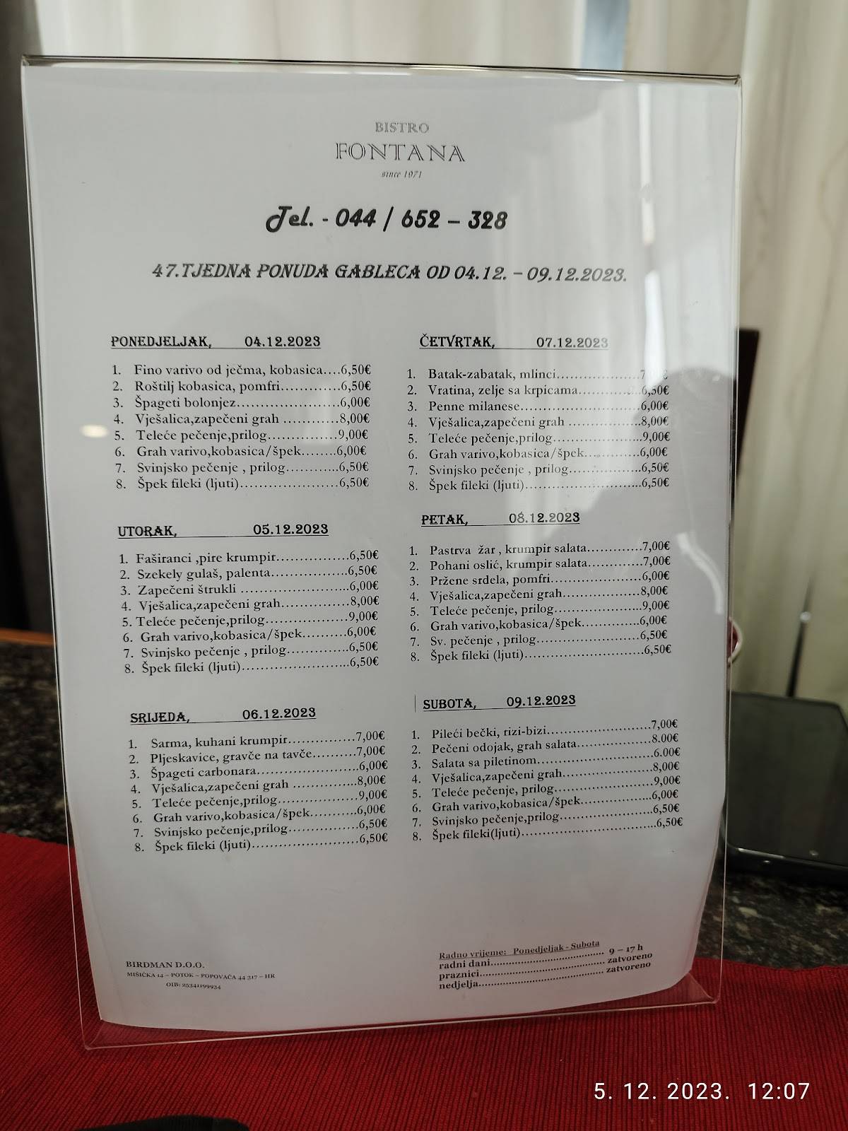 Menu at Restoran Fontana restaurant, Popovača