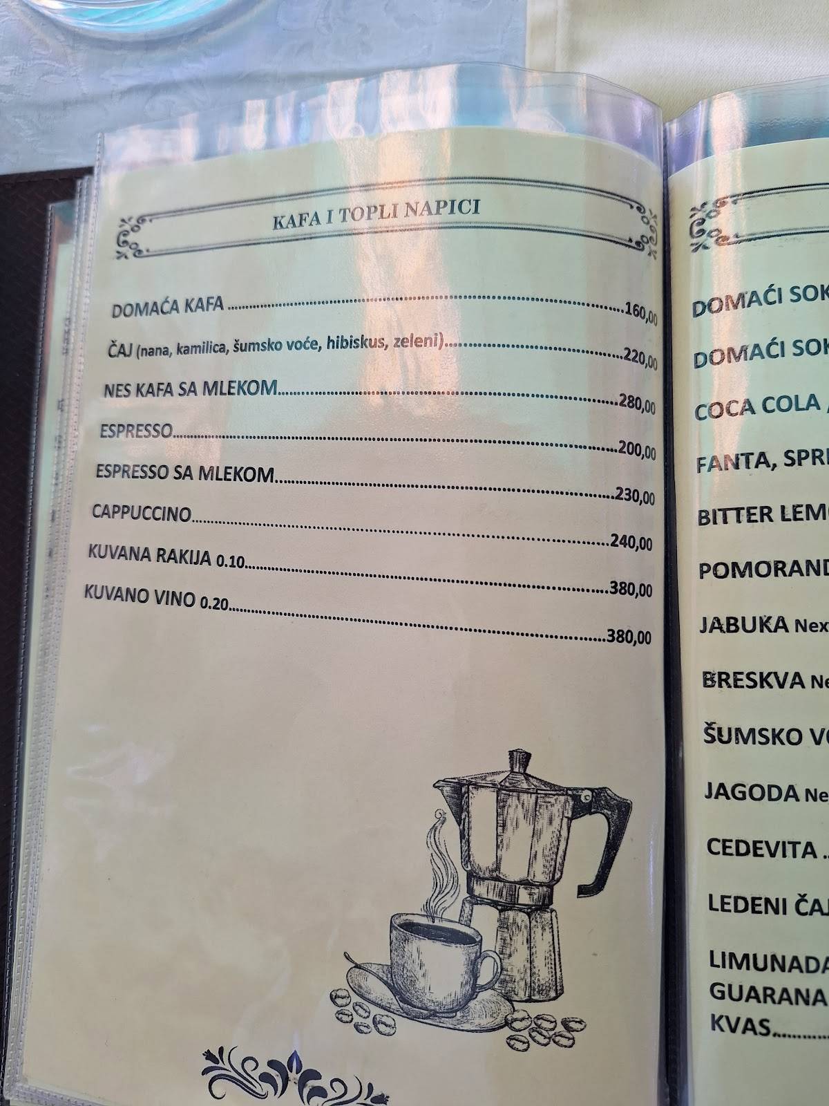 Menu au Restoran Kod Šukila Šljivovica restaurant, Šljivovica