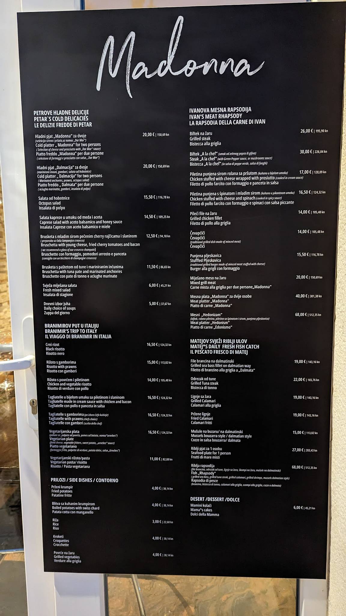 Menu at Restoran Madonna restaurant, Dubrovnik