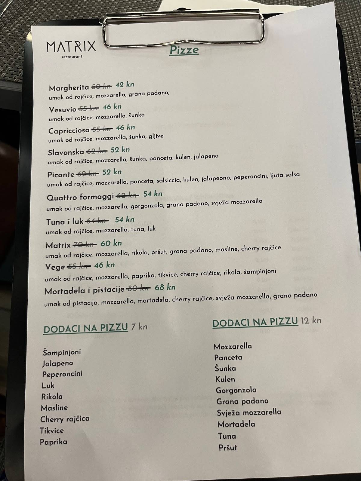 Menu au Restoran Matrix restaurant, Zagreb