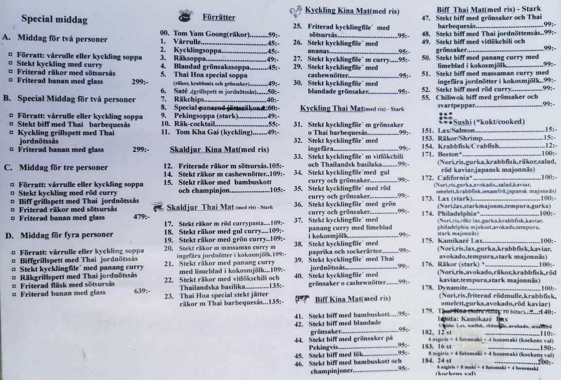 Menu at Resturang Thai Hoa restaurant, Västervik