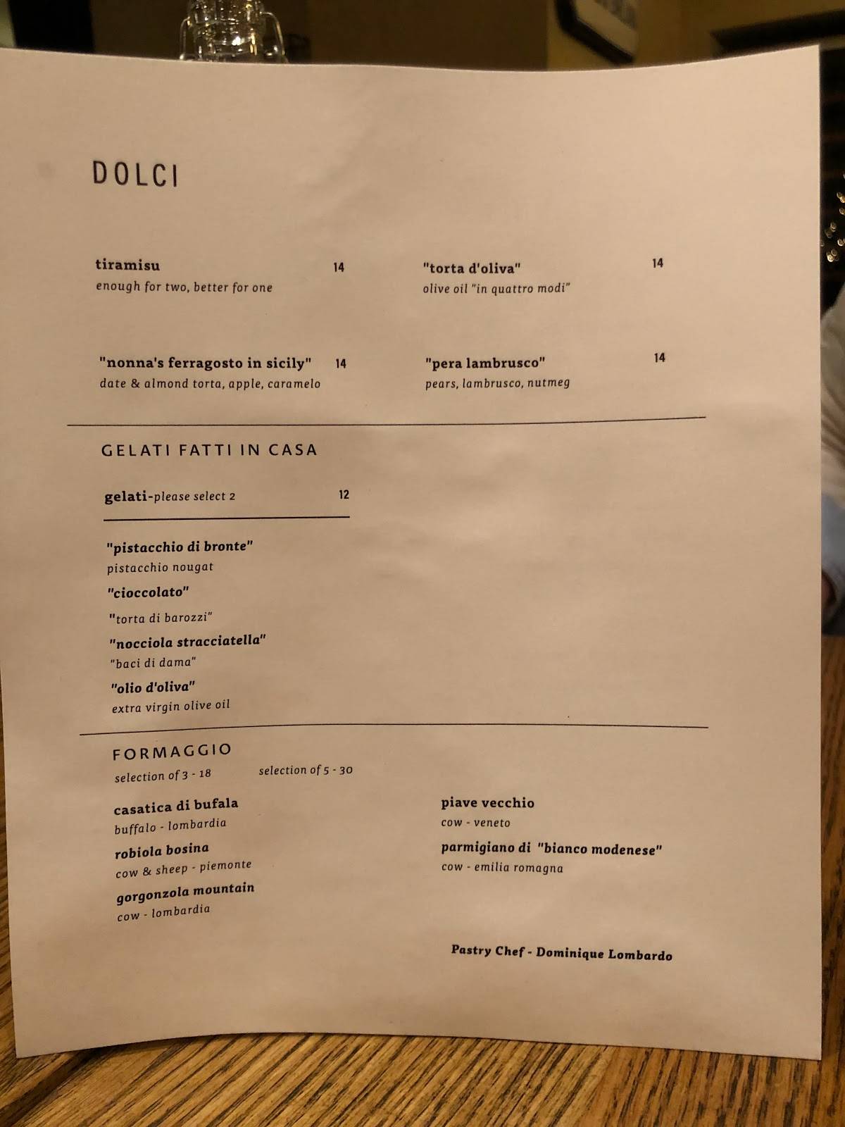 Menu at Rezdôra restaurant, New York City