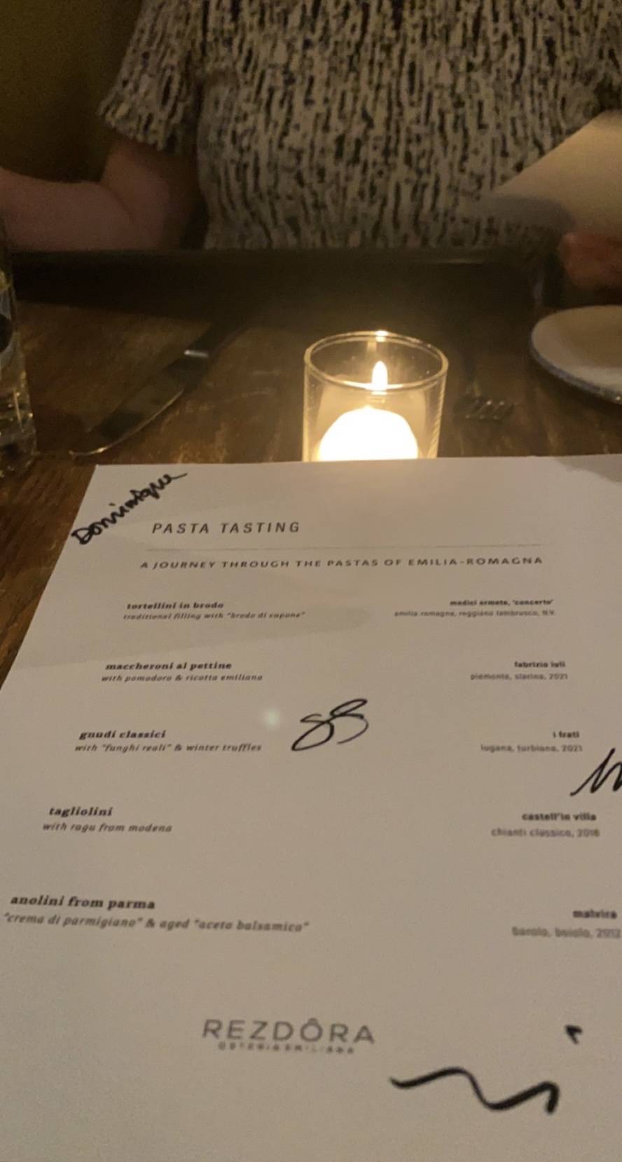 Menu at Rezdôra restaurant, New York City
