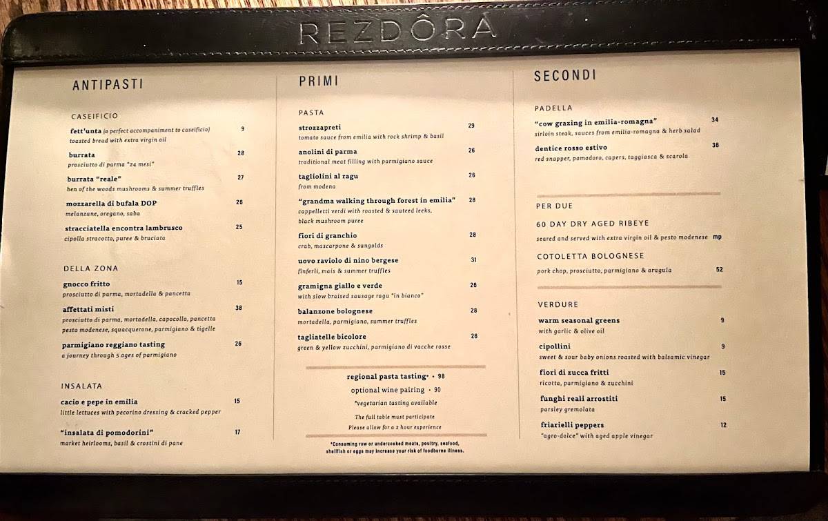 Menu at Rezdôra restaurant, New York City