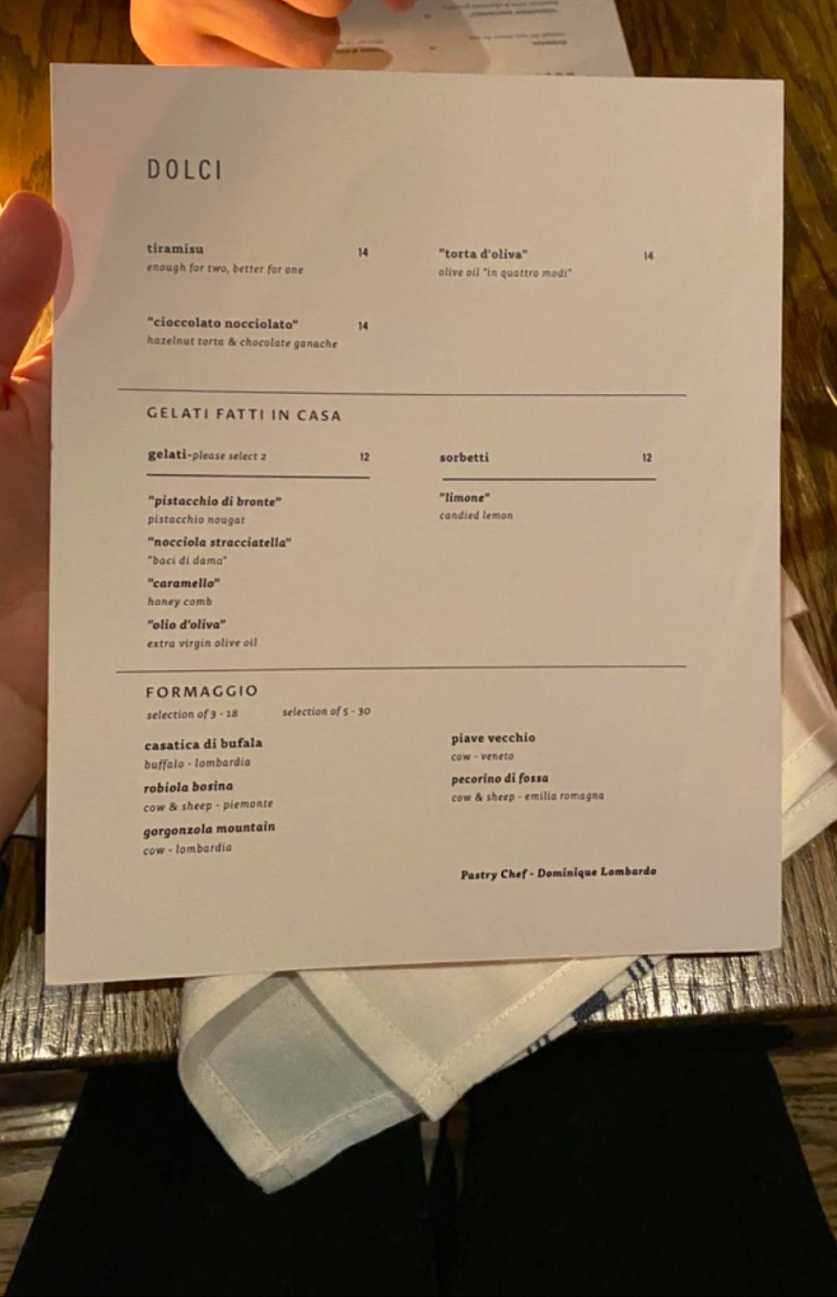 Menu at Rezdôra restaurant, New York City