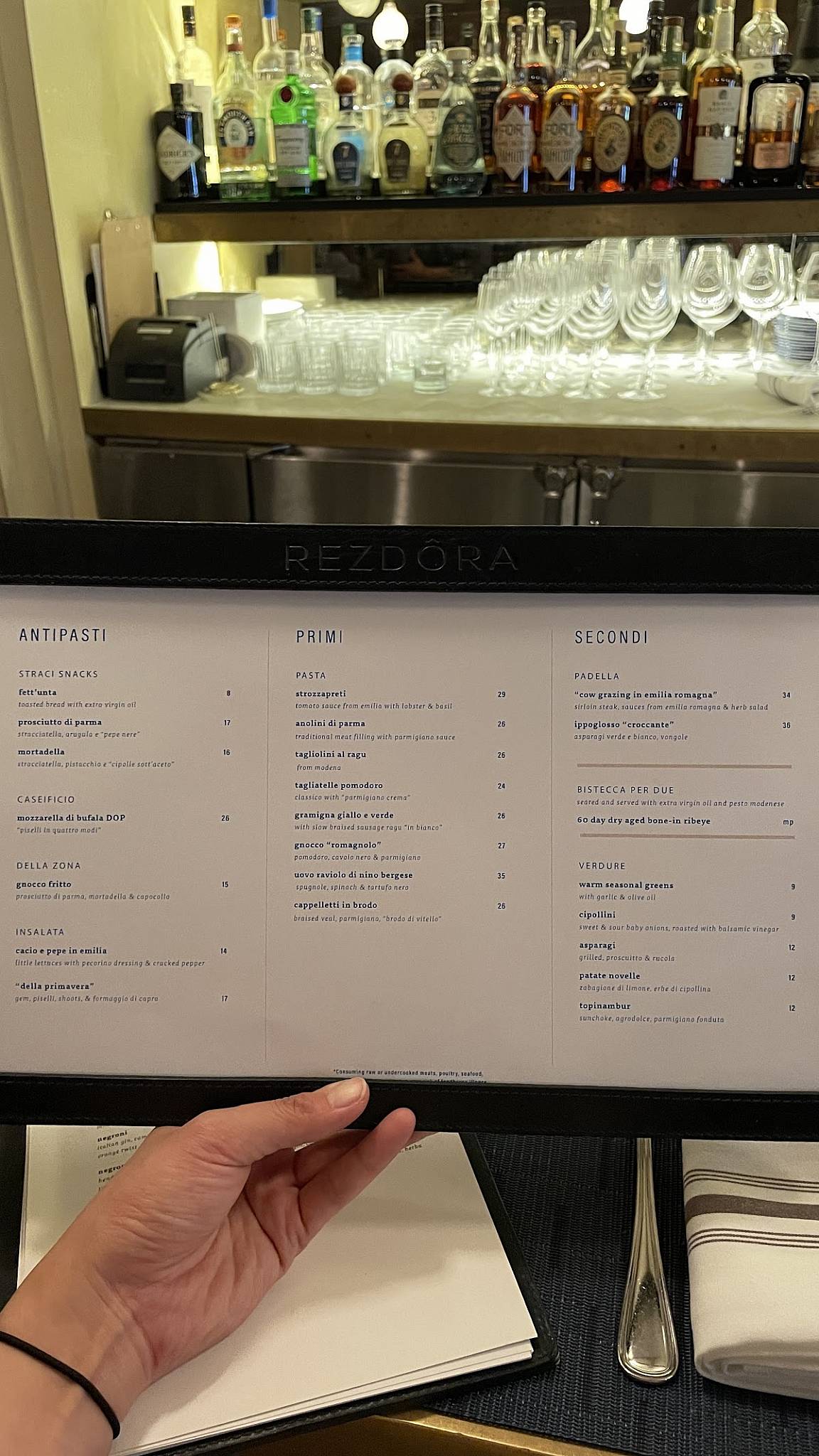 Menu at Rezdôra restaurant, New York City