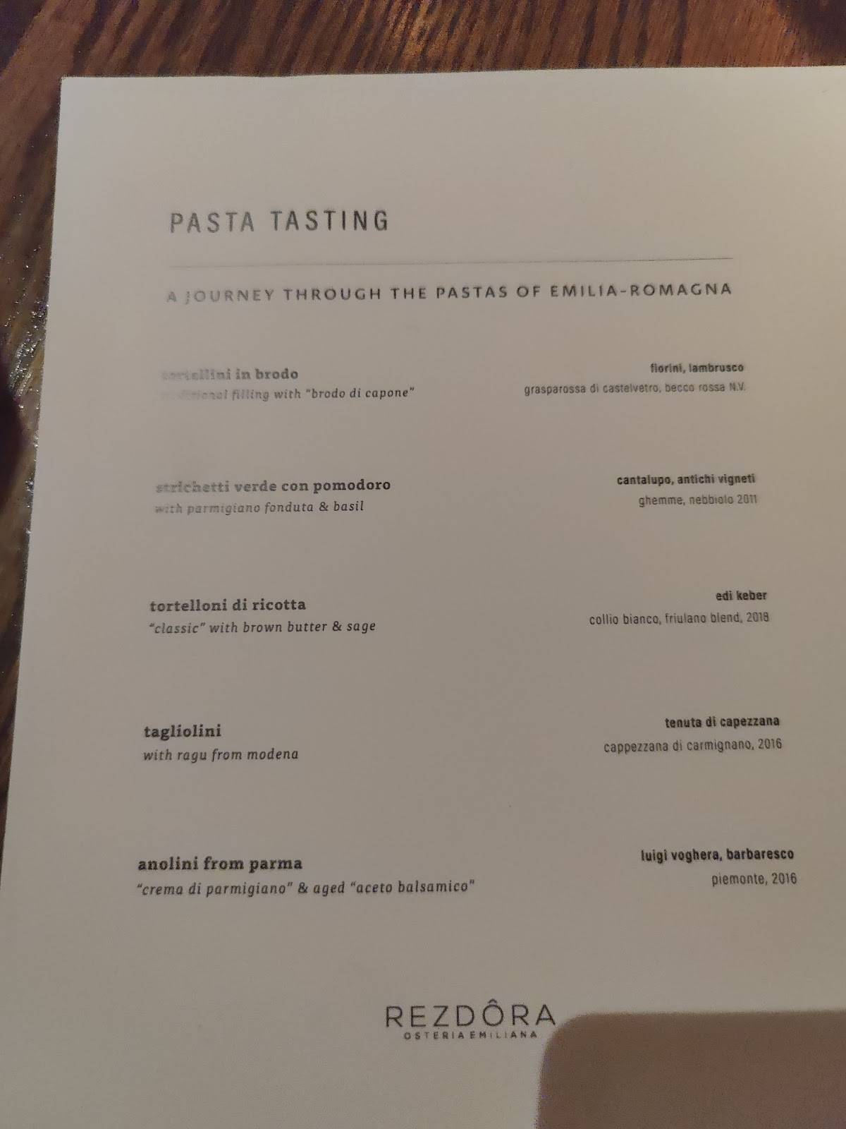 Menu at Rezdôra restaurant, New York City