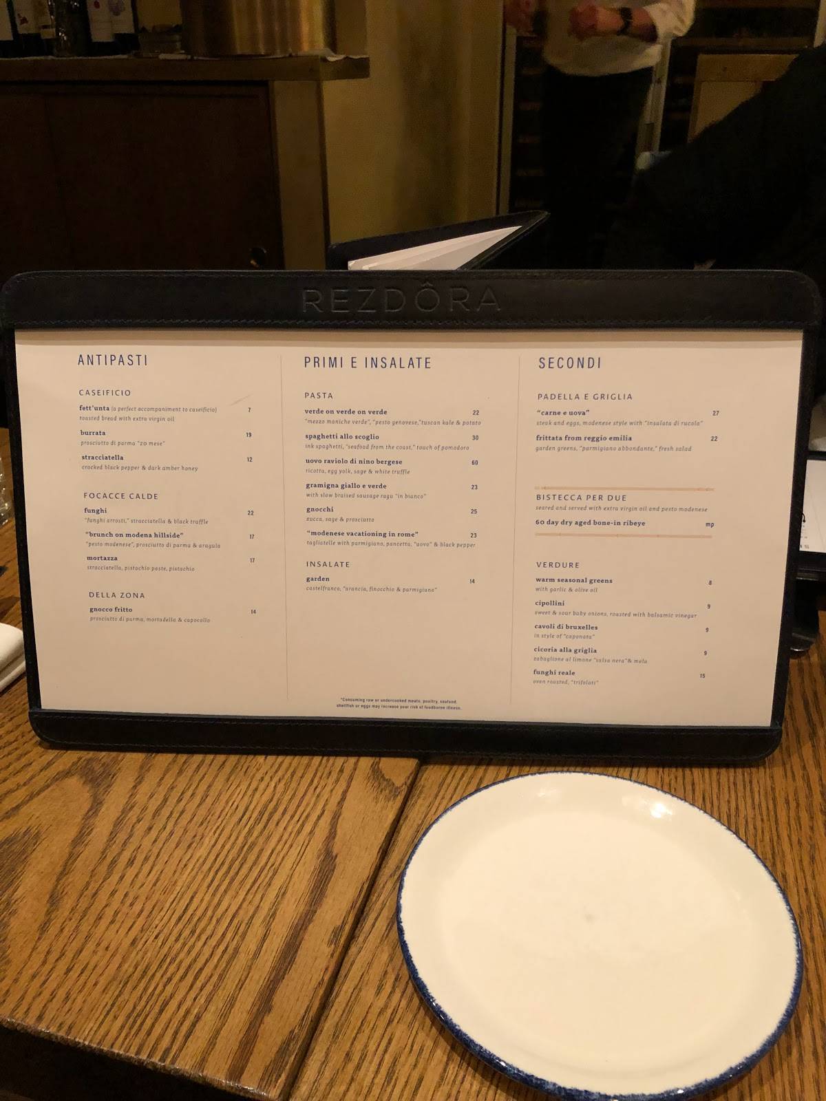 Menu at Rezdôra restaurant, New York City