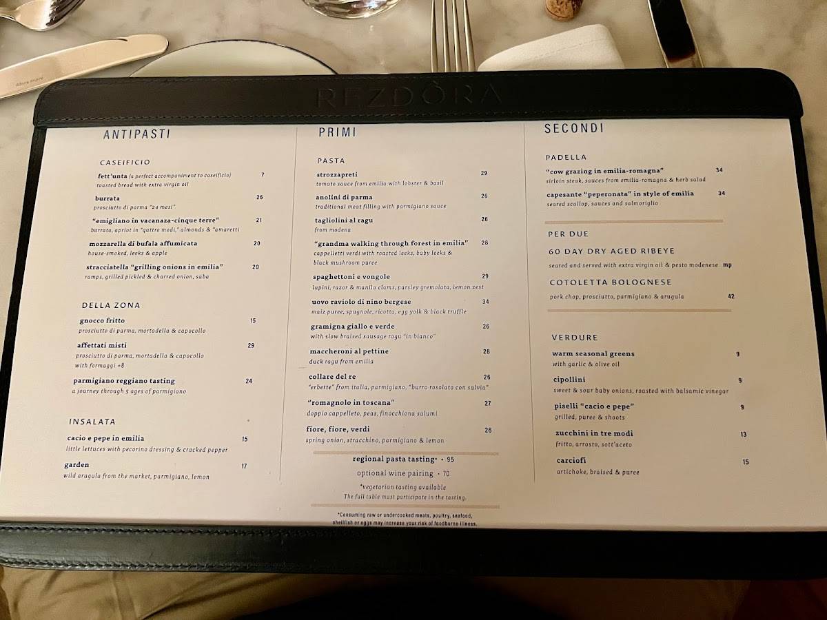 Menu at Rezdôra restaurant, New York City