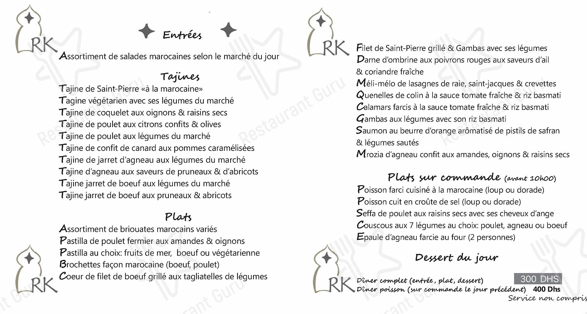 Speisekarte von Riad Kalaa restaurant, Rabat