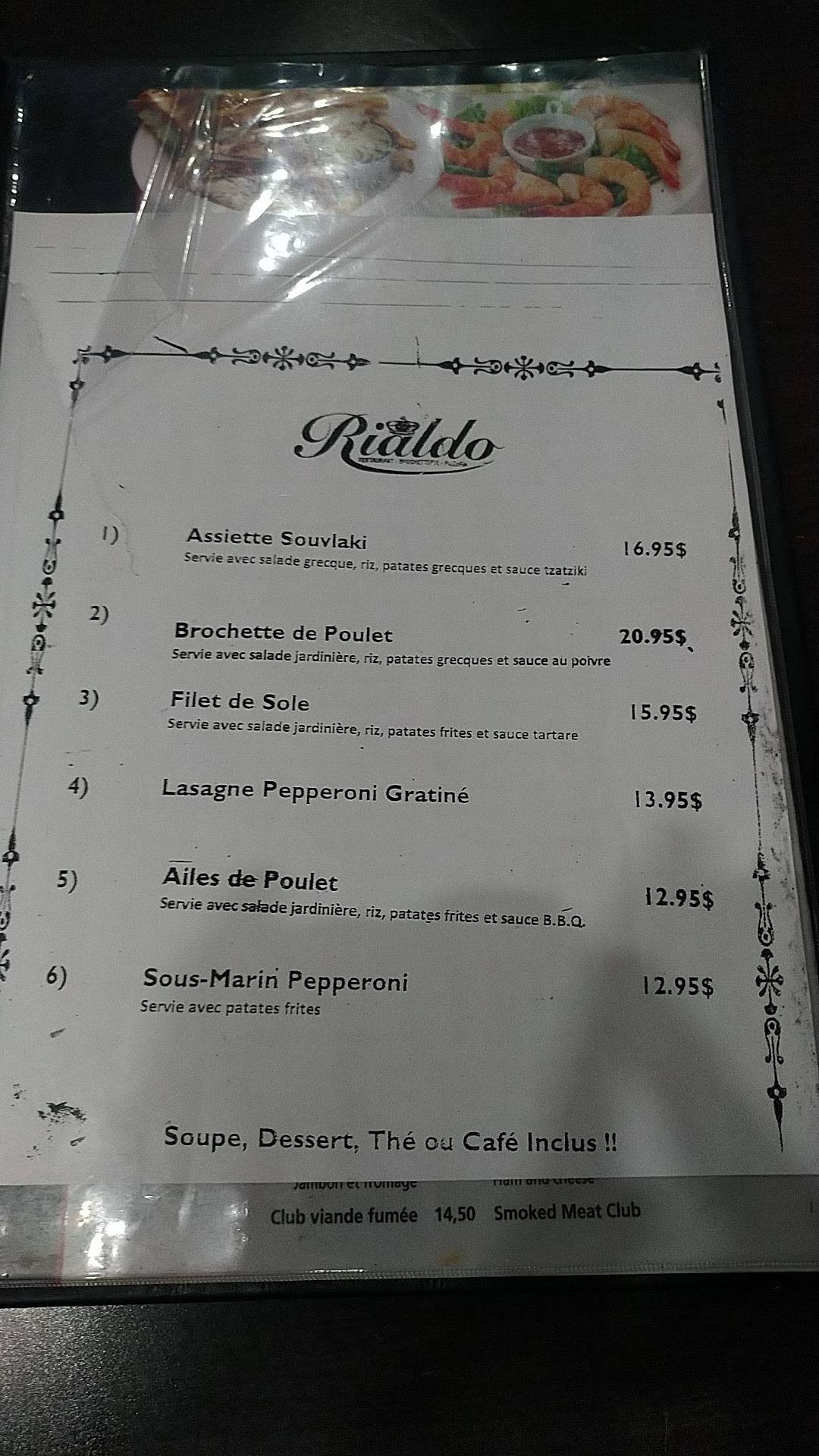 Menu au Rialdo Pizzeria & Brochetterie, Maniwaki