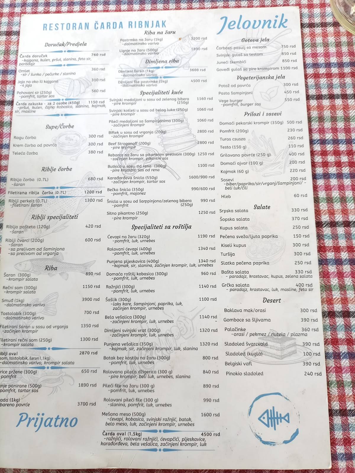 Menu at Ribnjak Bečej restaurant, Bečej