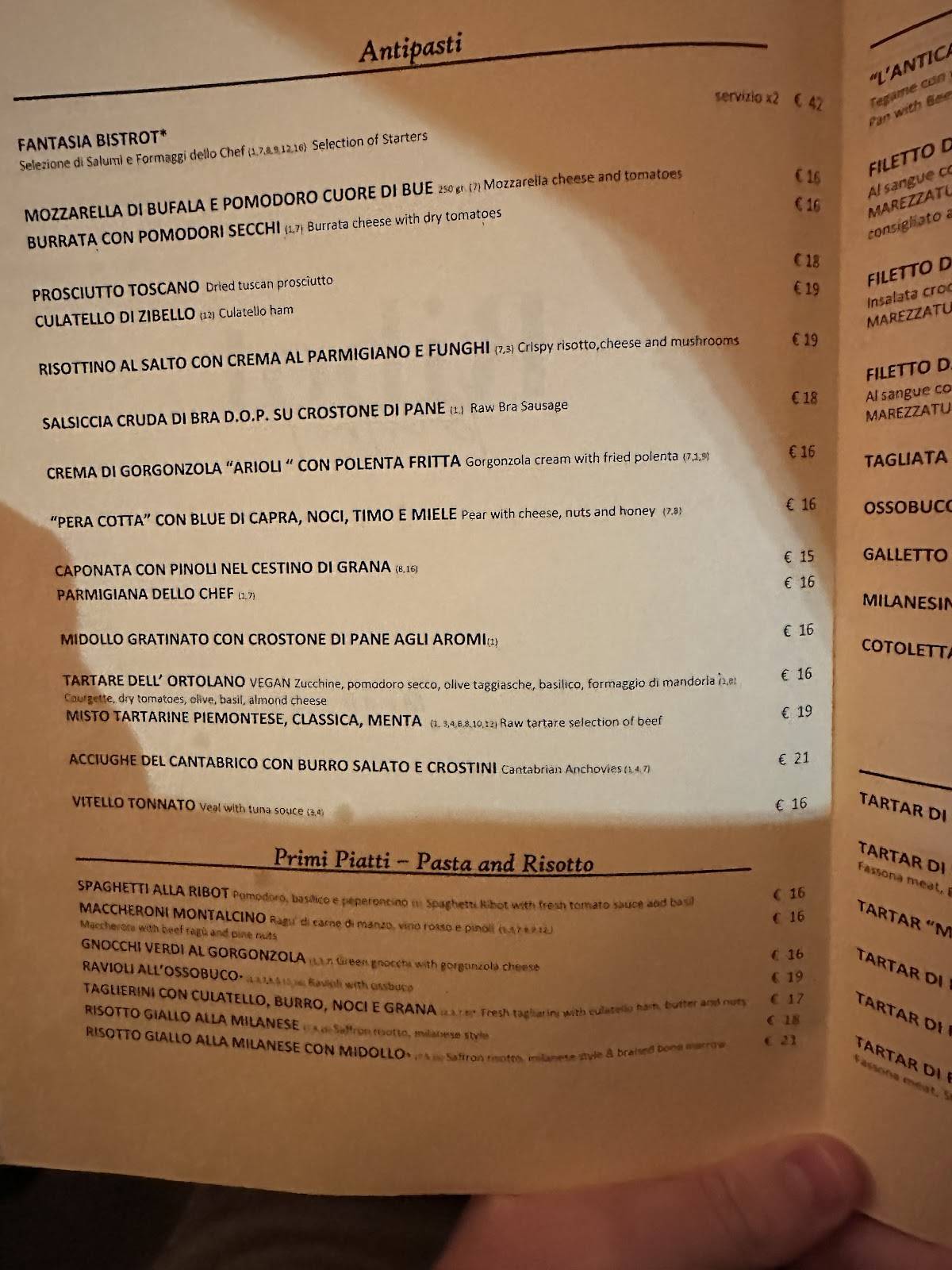 Menu at Ribot Bistrot restaurant, Milan