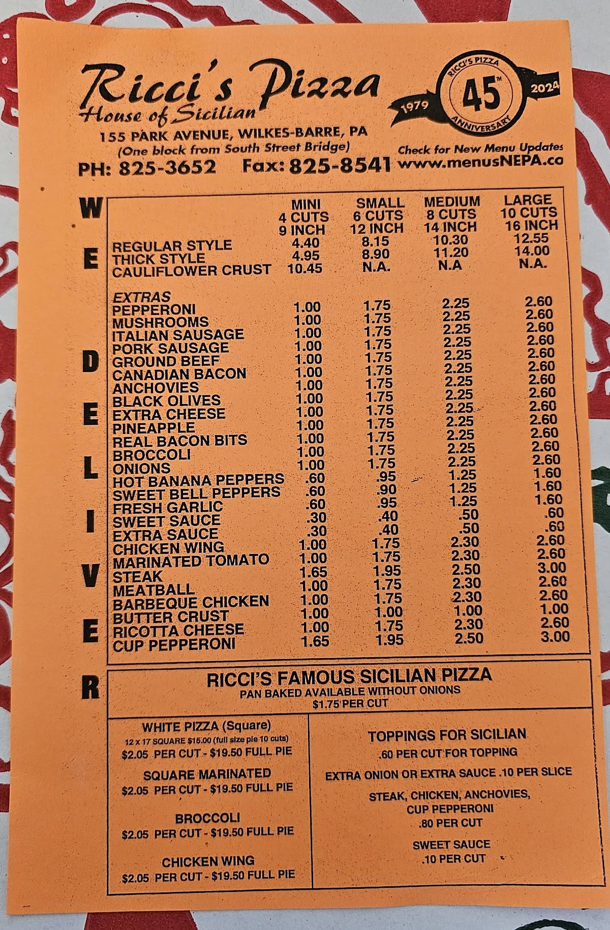 Menu at Ricci's Pizzeria, Wilkes-Barre