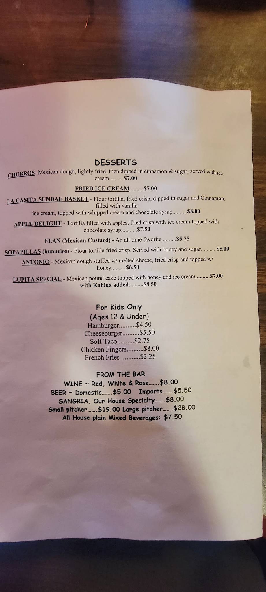 Menu at La Casita restaurant, Richmond, Brook Rd