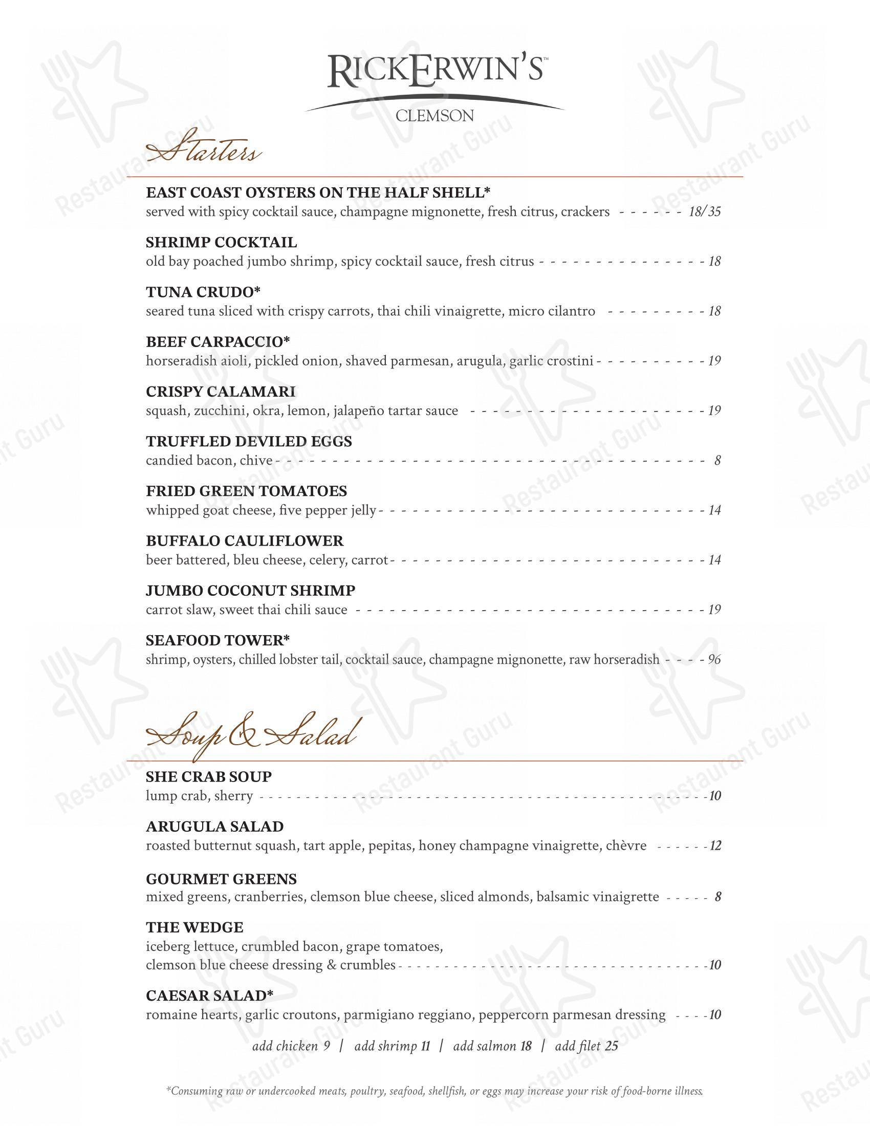 Menu at Rick Erwin's Clemson steakhouse, Clemson