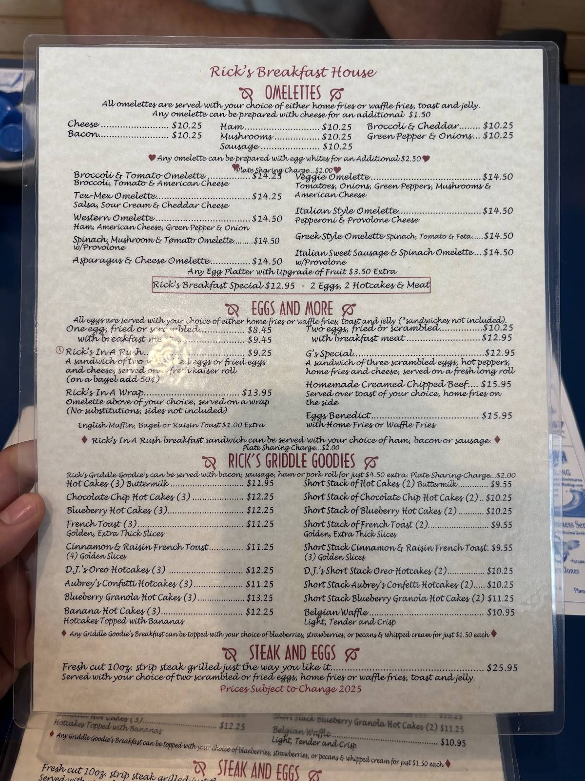 Menu at Rick's Breakfast House restaurant, Sea Isle City, Landis Ave East