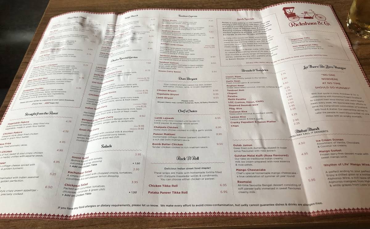 Menu at Rickshaw & Co restaurant, Glasgow