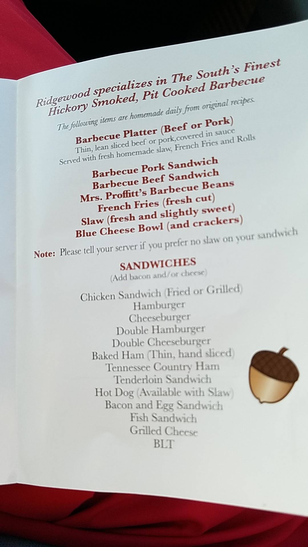 Menu at Ridgewood Barbecue, Bluff City