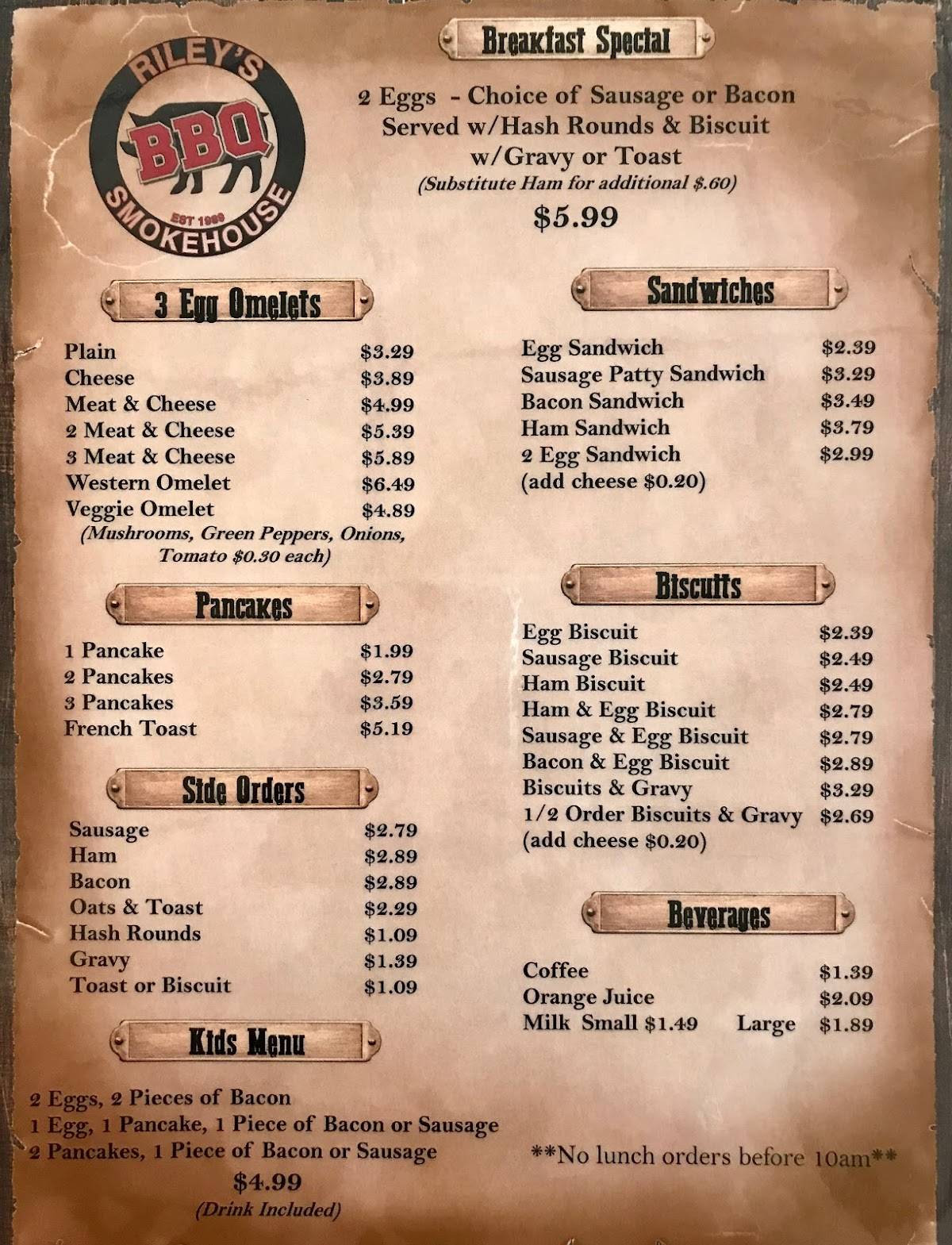 Menu at Riley's Smokehouse BBQ, Marion