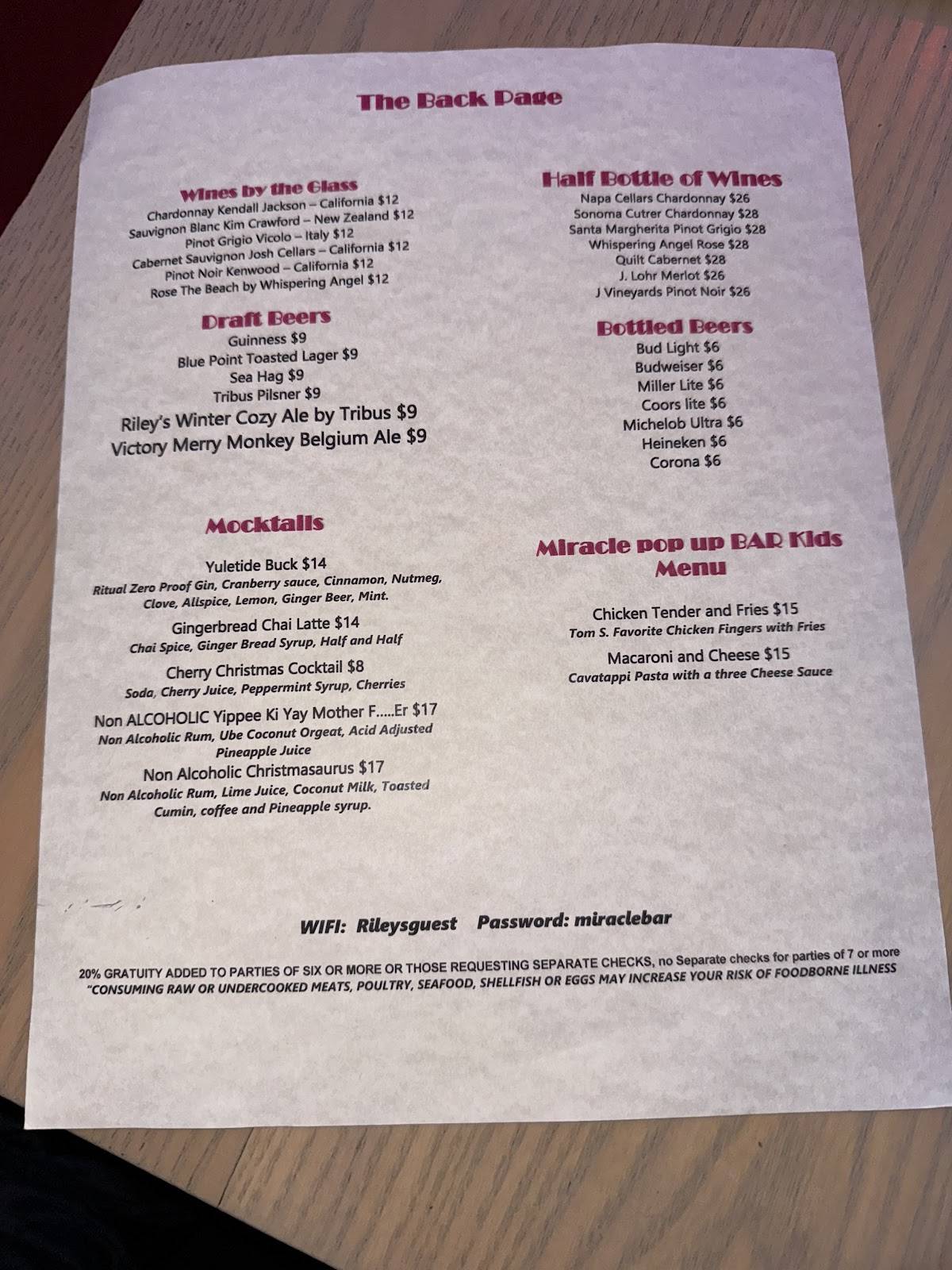 Menu at Riley's by the Sea pub & bar, Stratford