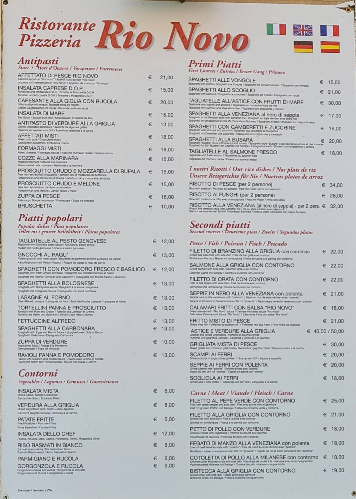 Menu at Rio Novo pizzeria, Venice