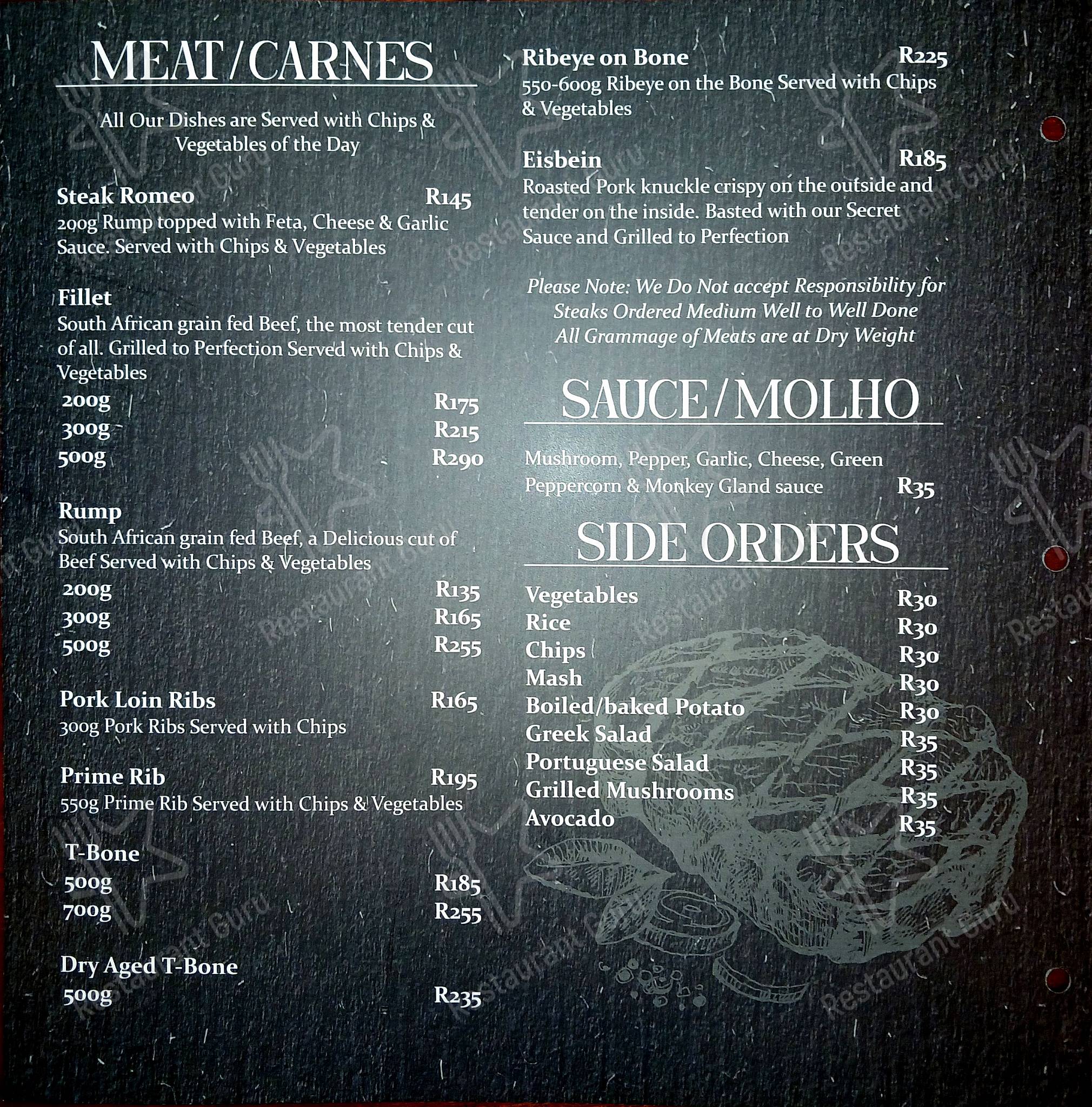 Menu at Rio Sol restaurant, Vereeniging
