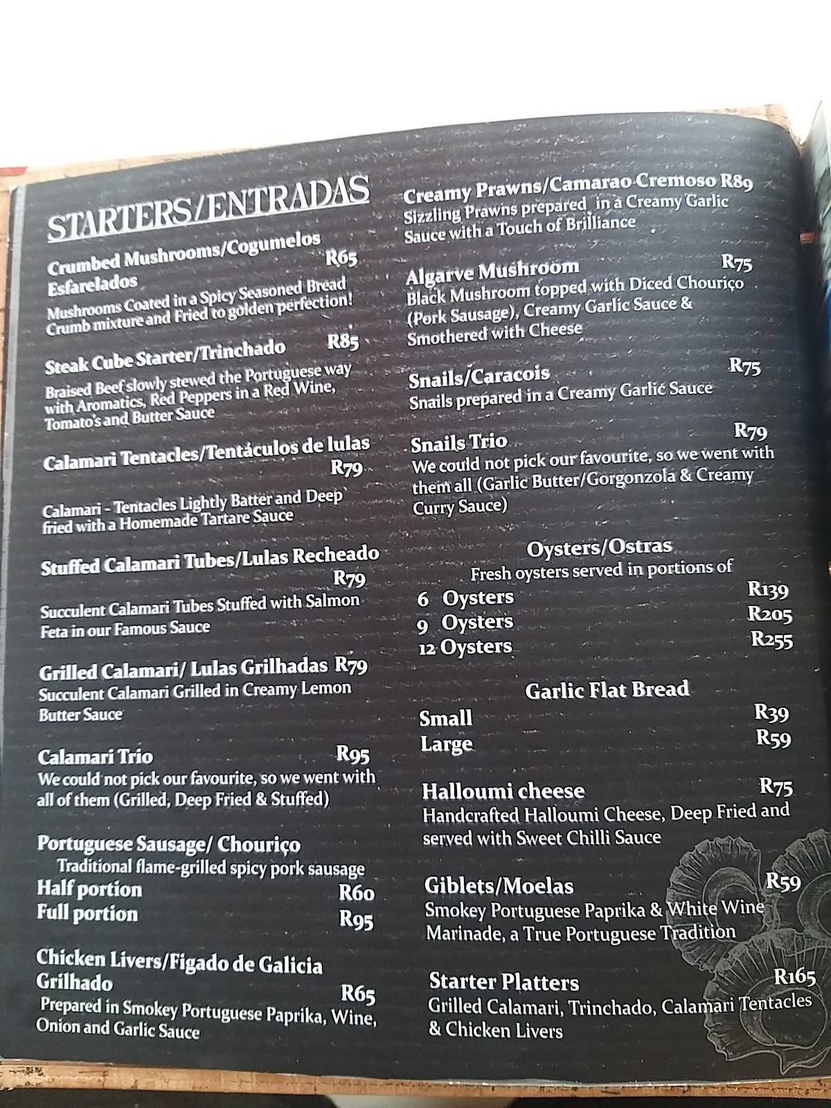 Menu at Rio Sol restaurant, Vereeniging
