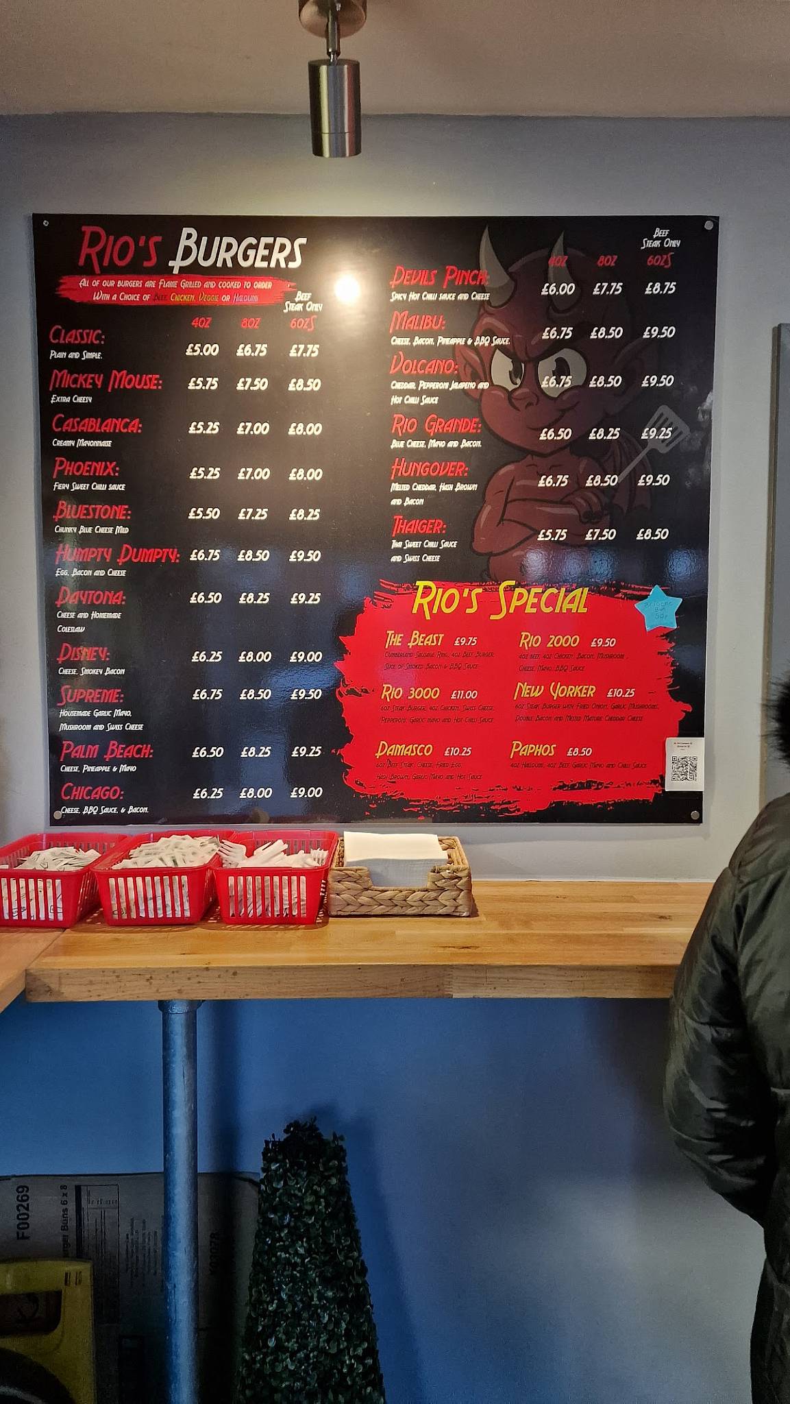 Menu at Rio's burgers restaurant, Newbury