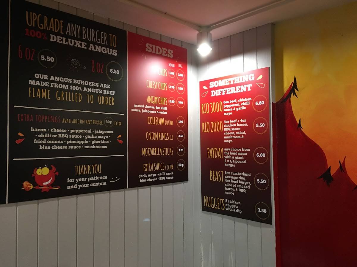 Menu at Rio's burgers restaurant, Newbury