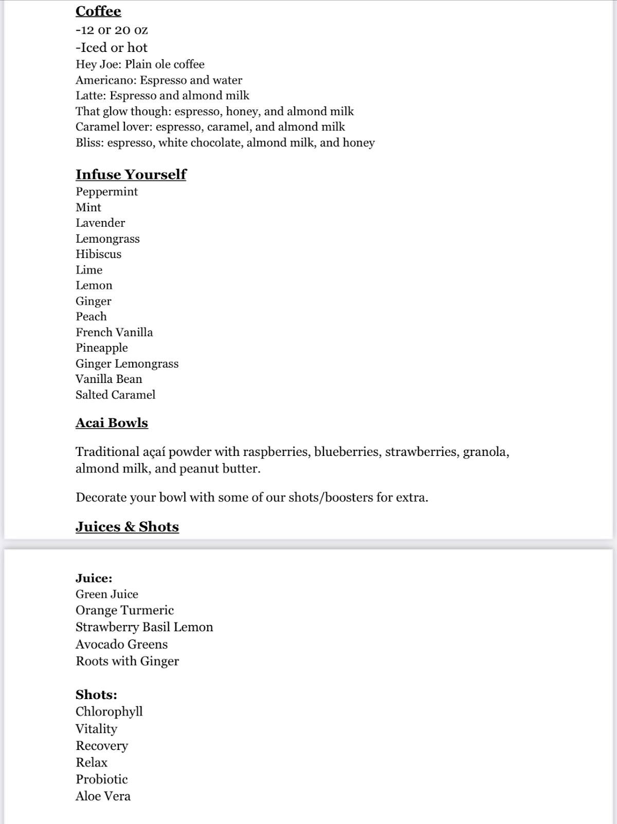 Menu at Rise Up NBTX, New Braunfels