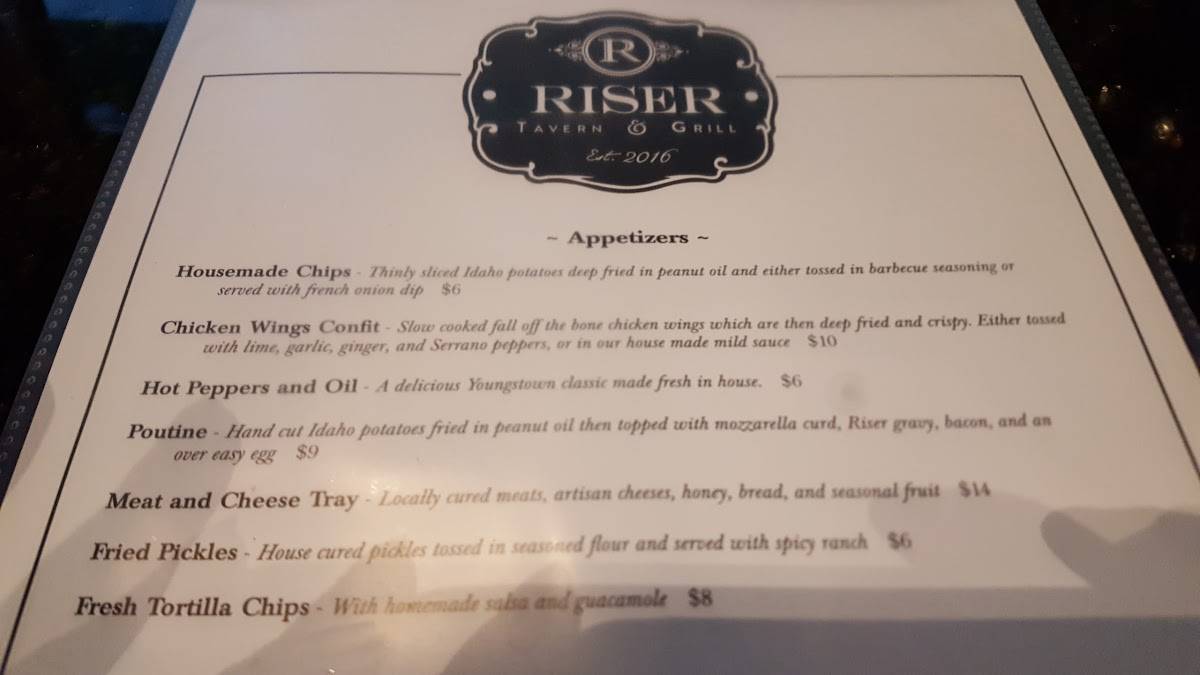 Menu at Riser Tavern & Grill pub & bar, Boardman
