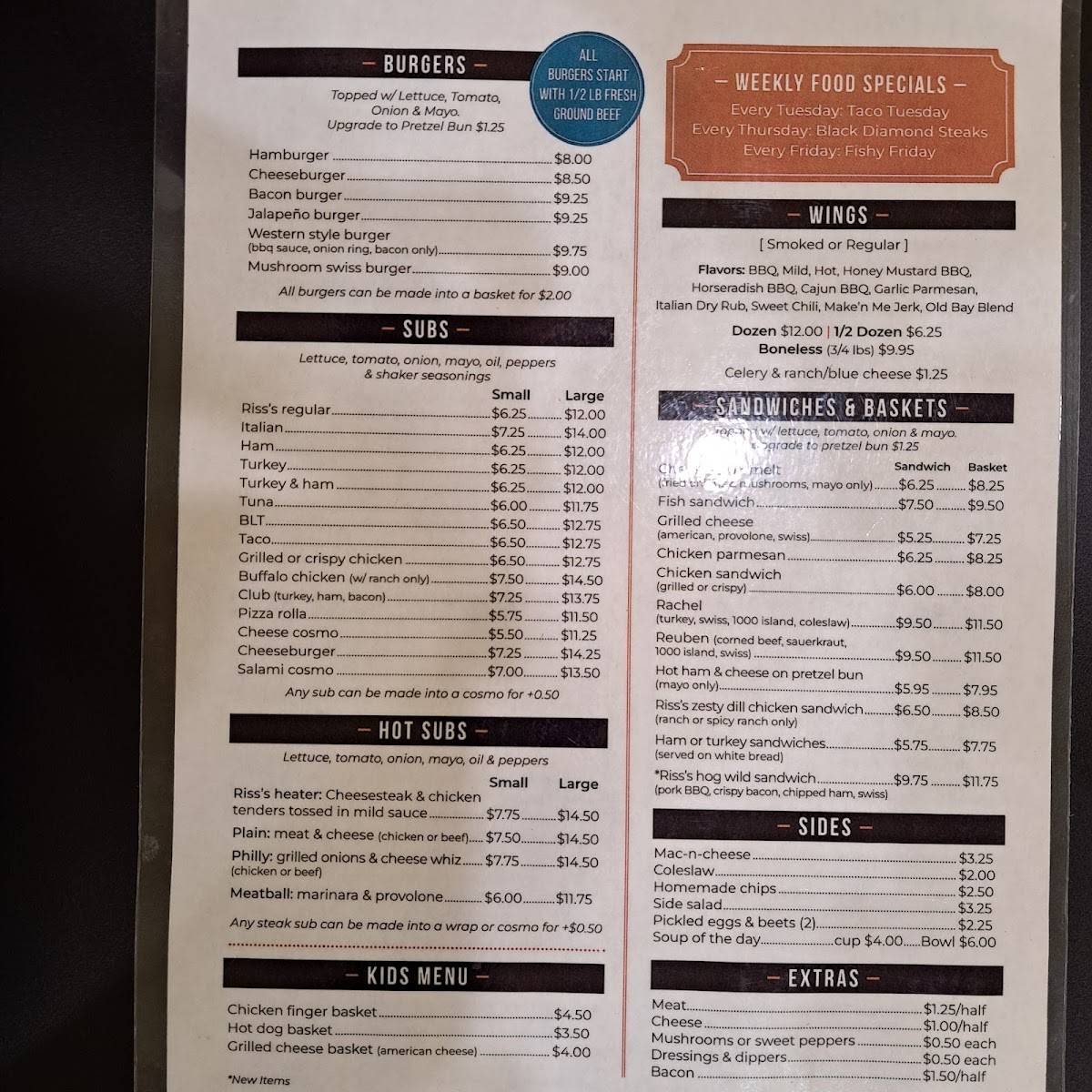 Menu at Riss's Place, Montoursville