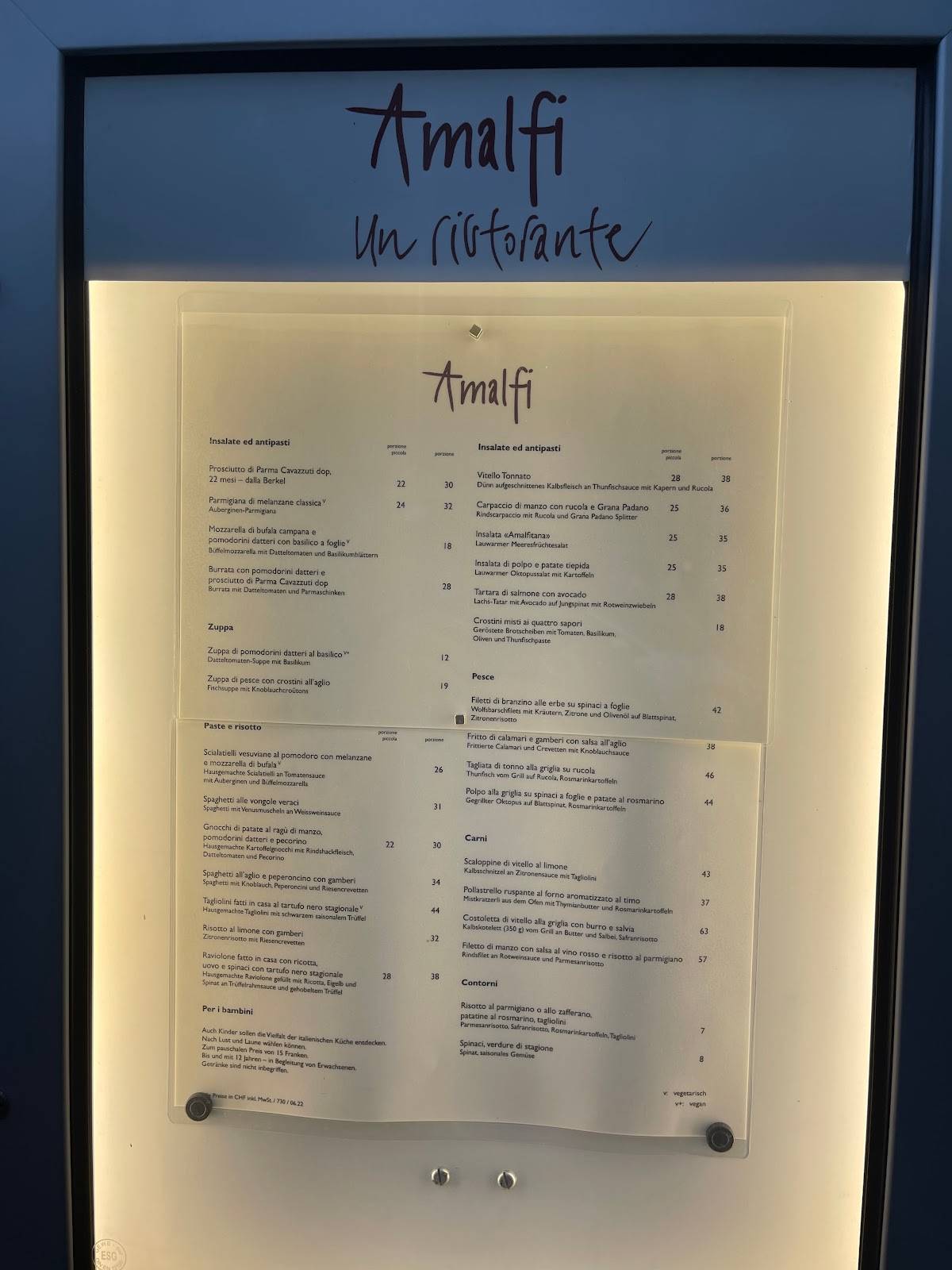 Speisekarte von Ristorante Amalfi, Zürich