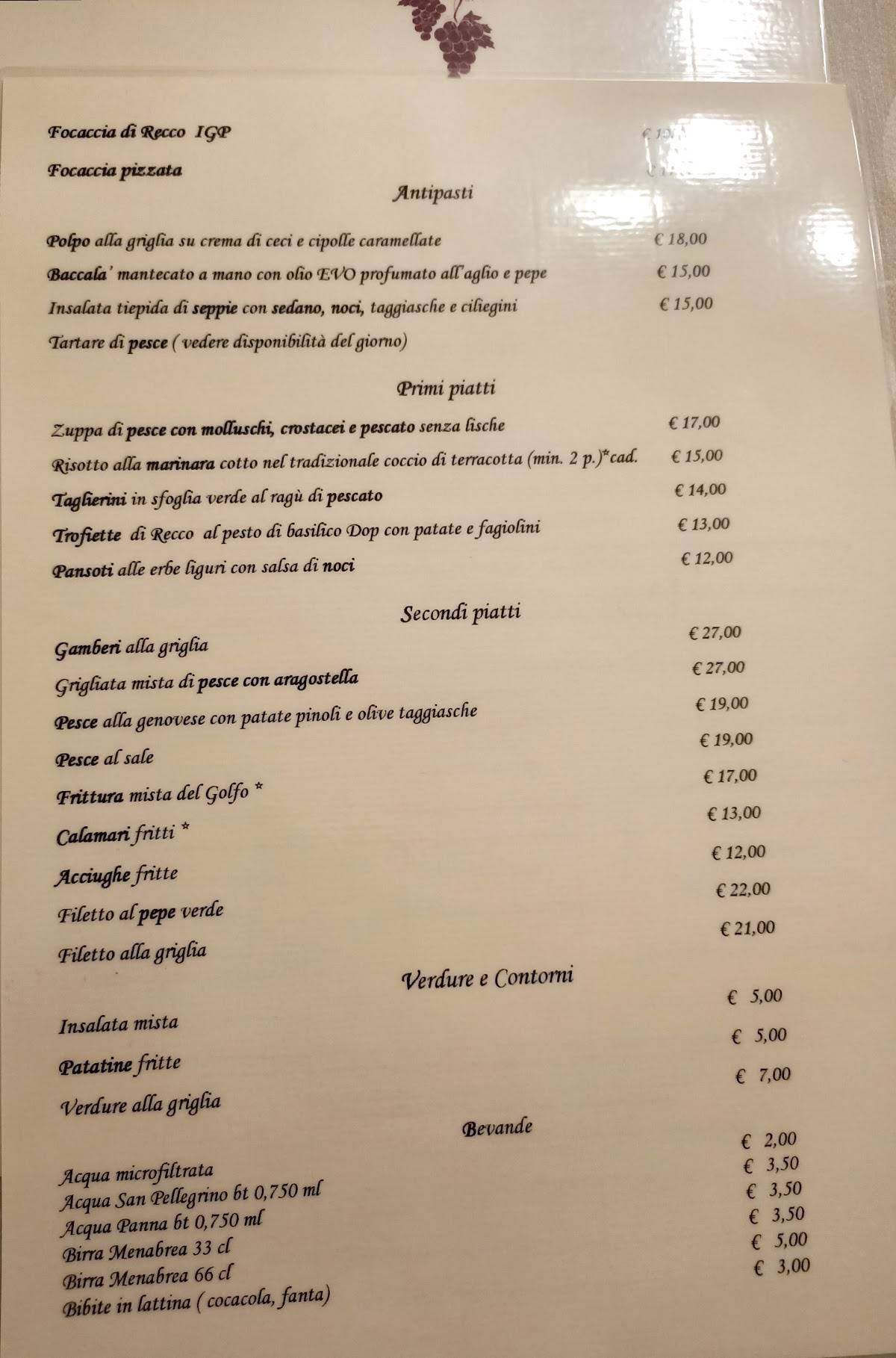 Menu at Ristorante Da Lino, Recco