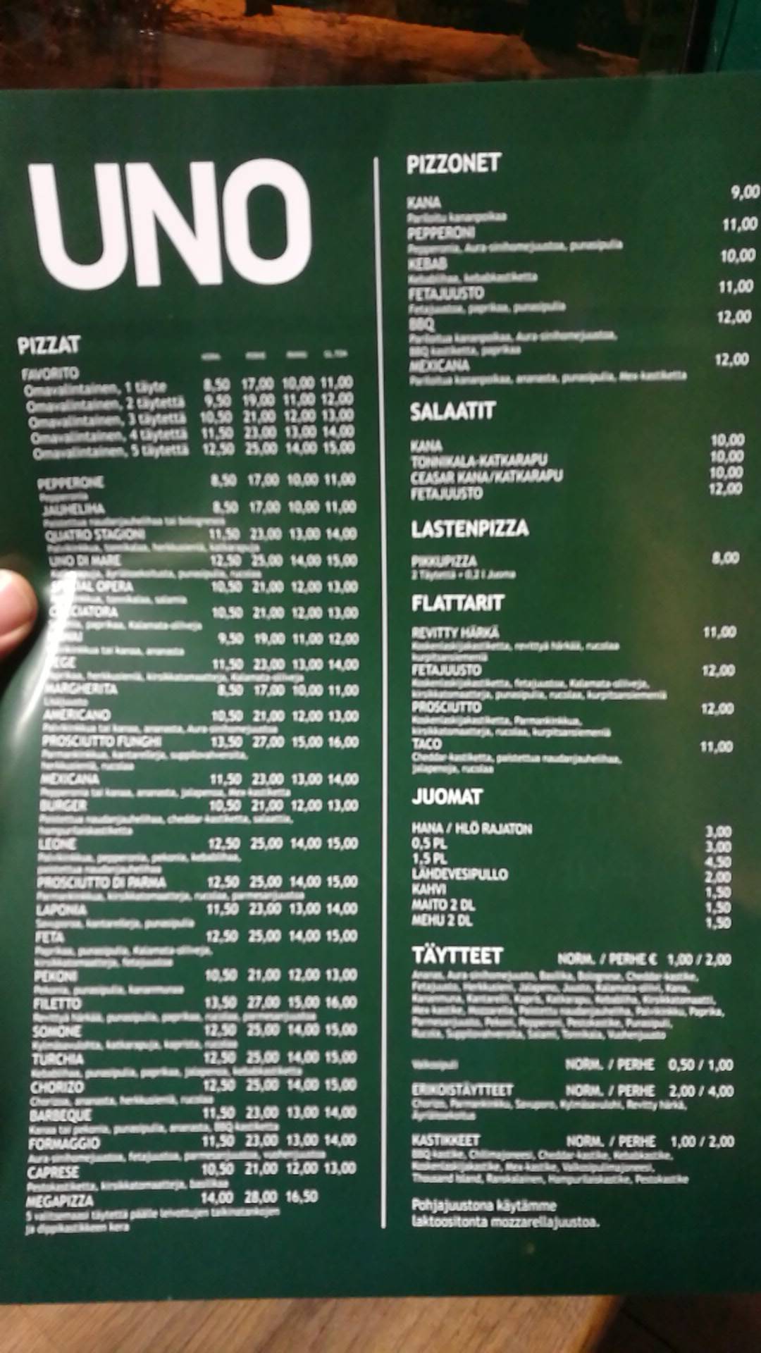 Menu at Ristorante Uno pizzeria, Helsinki, Oulunkyläntie 2