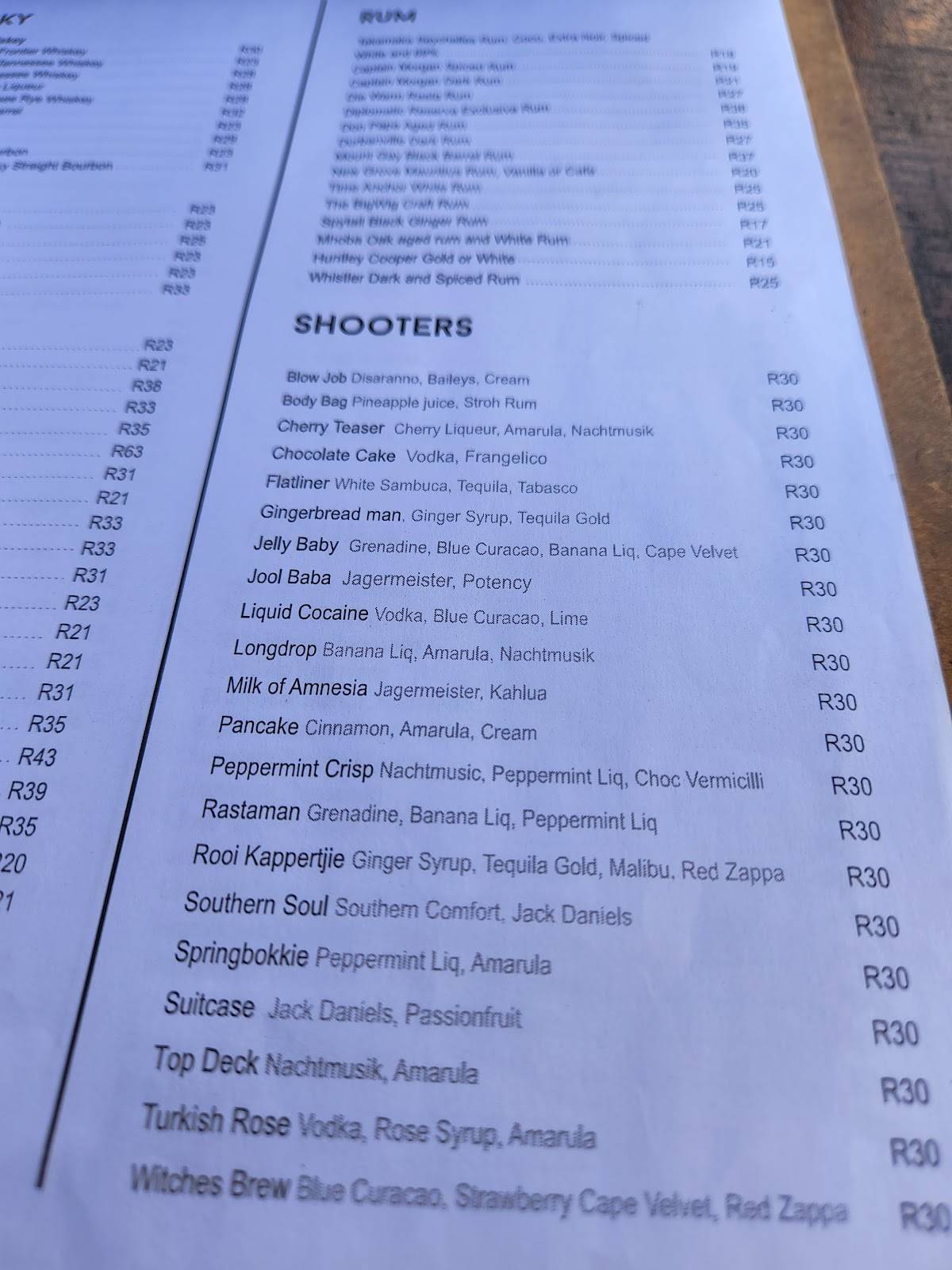 Menu at River Café restaurant, Potchefstroom